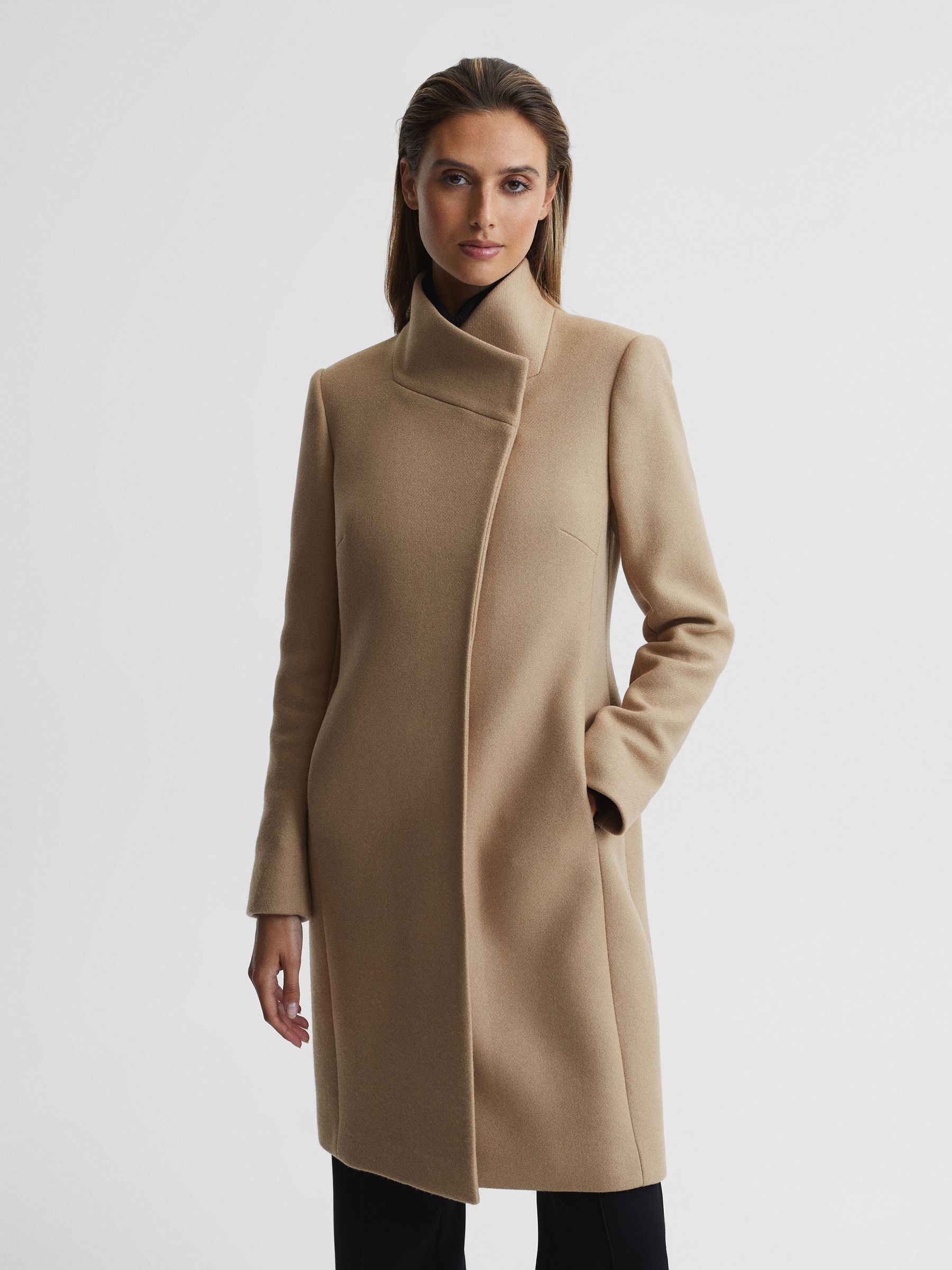 Reiss Wool Blend Mid-Length Coat in Camel - REISS