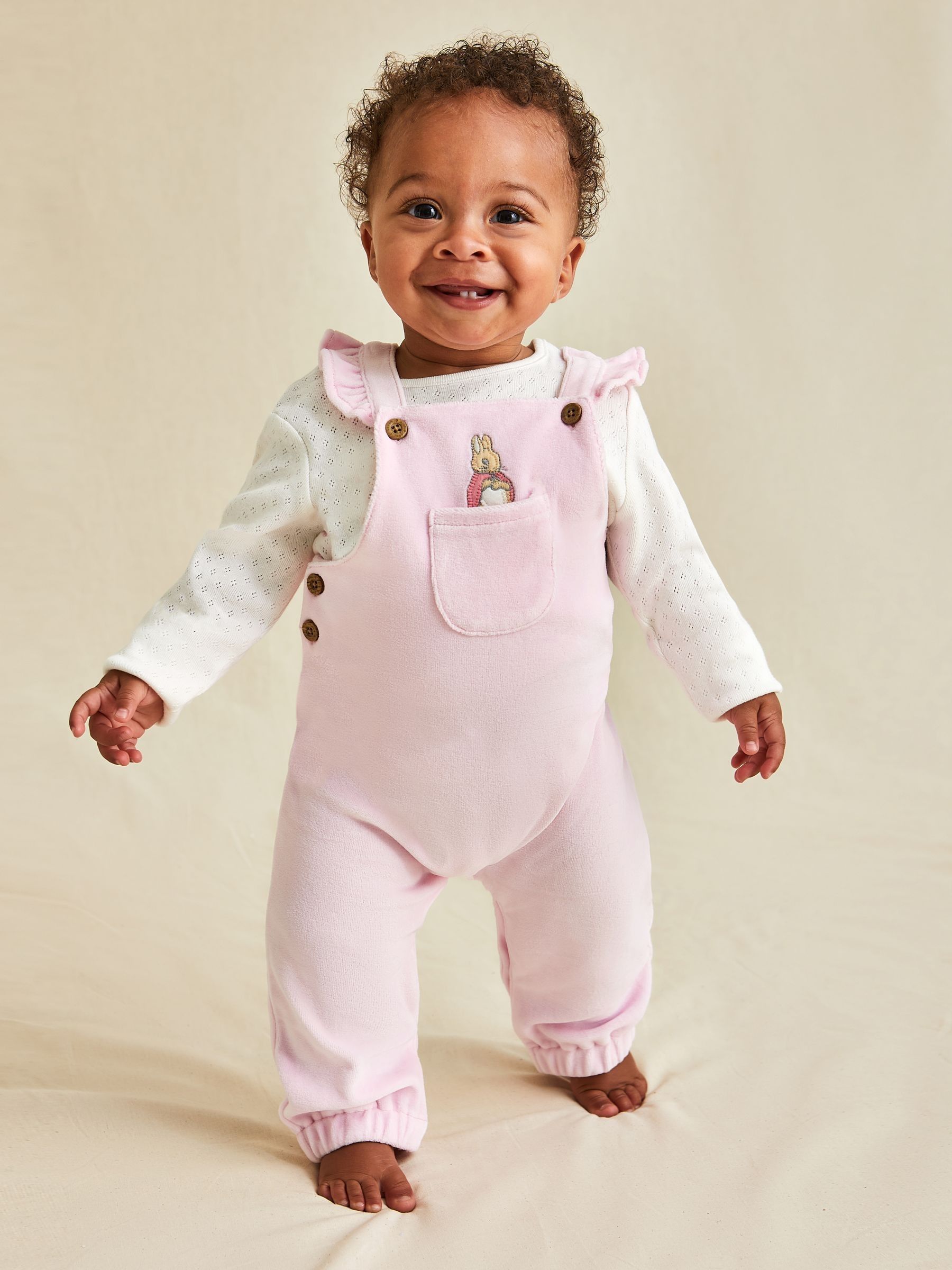 Pink Peter Rabbit Appliqué Velour Dungarees and Body Set | JoJo Maman ...