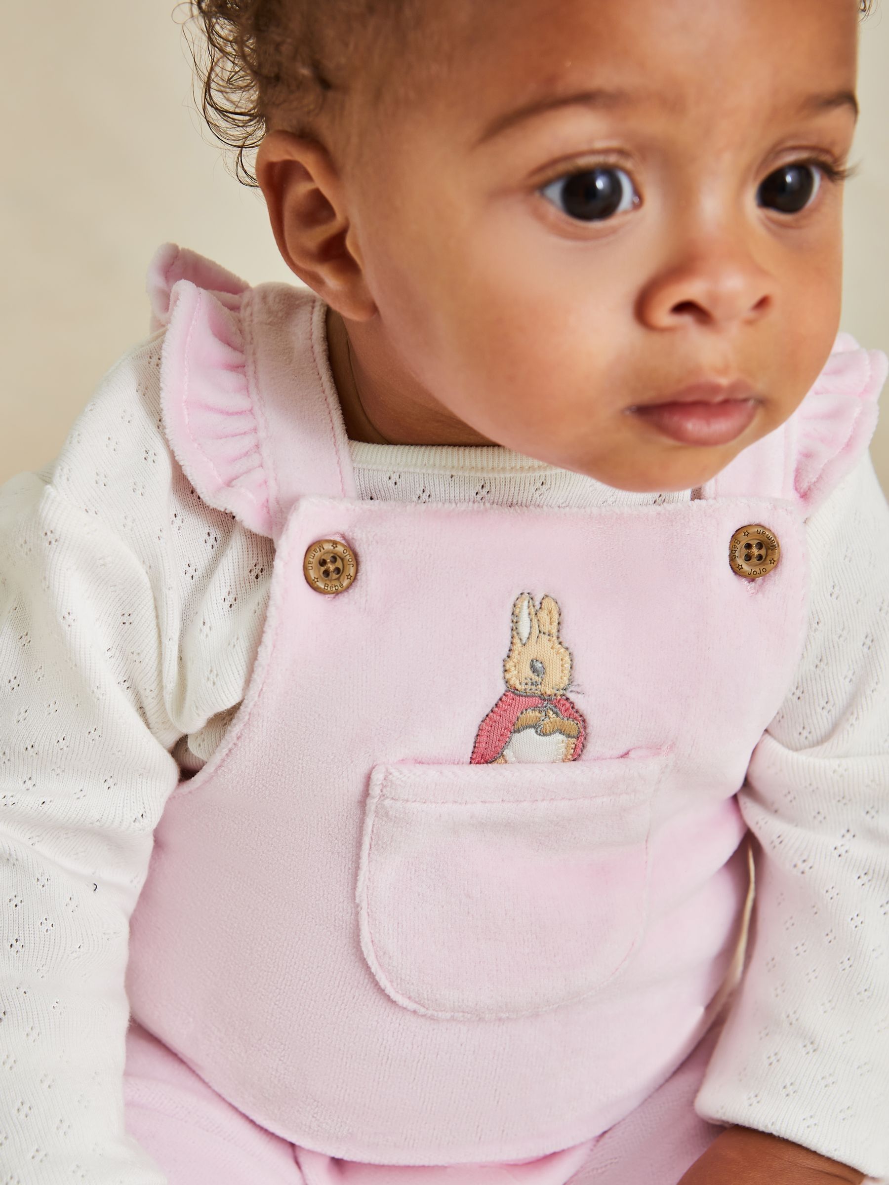Pink Peter Rabbit Appliqué Velour Dungarees and Body Set | JoJo Maman ...