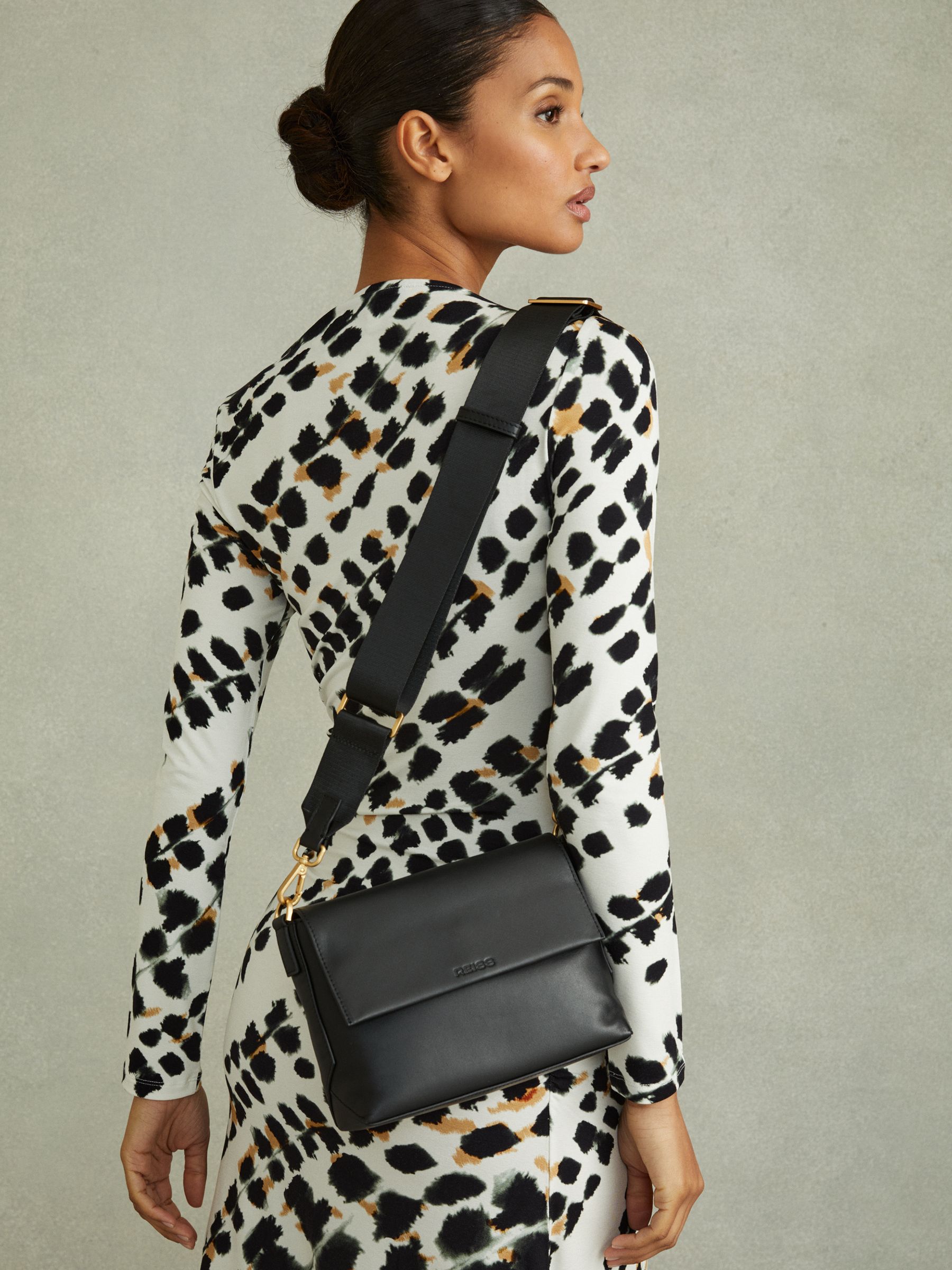 Reiss Leather Flap Crossbody Bag in Black - REISS