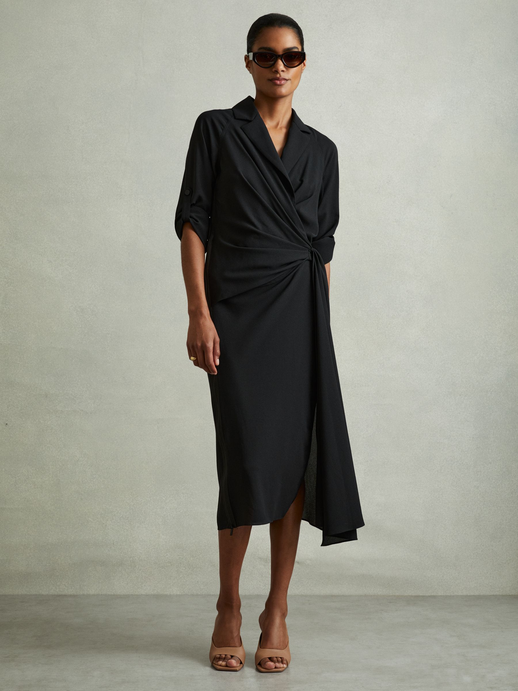 Reiss Wrap Front Twist Detail Midi Dress in Black - REISS