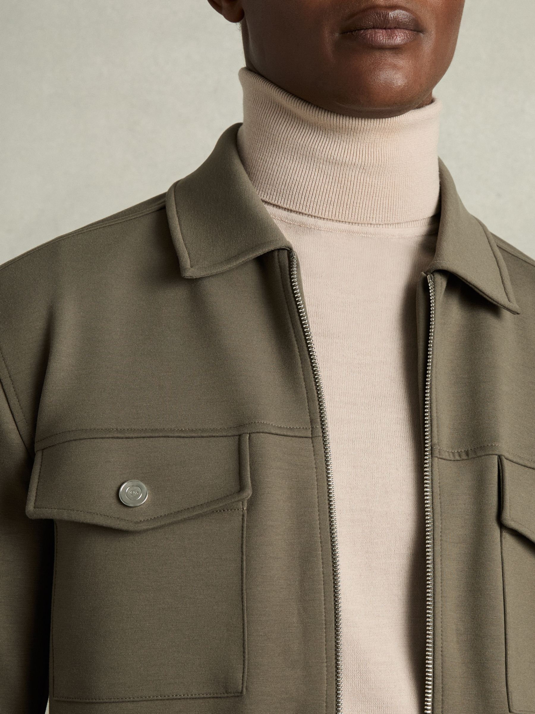 Reiss Interlock Jersey Zip-Through Overshirt in Sage Green - REISS