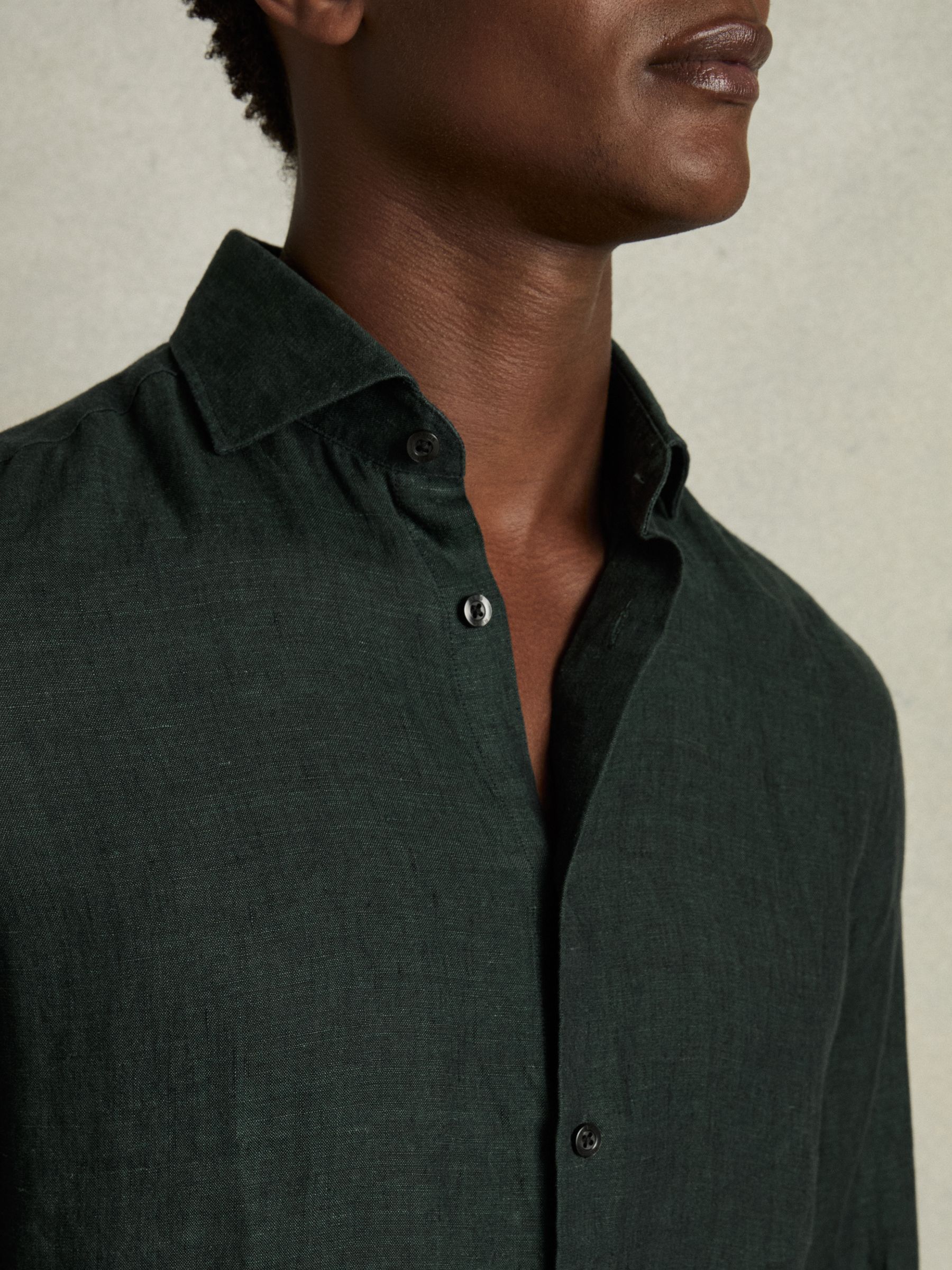 Reiss Linen Button-Through Shirt in Dark Green - REISS
