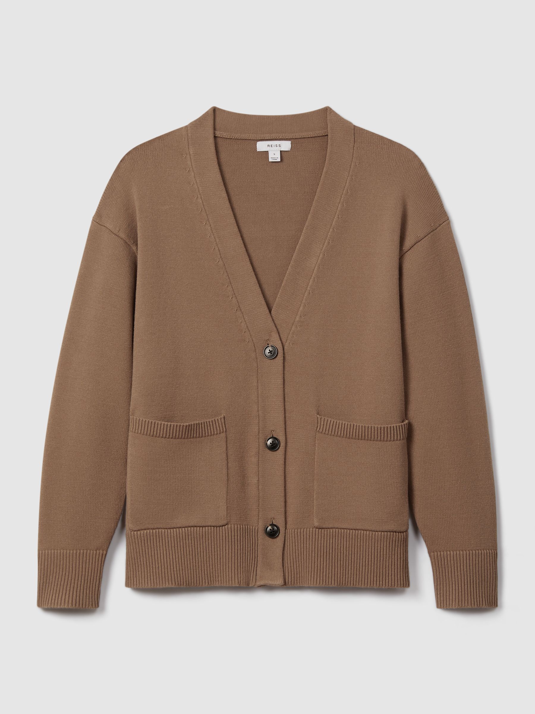 Reiss Chunky Knitted Cardigan in Mink - REISS