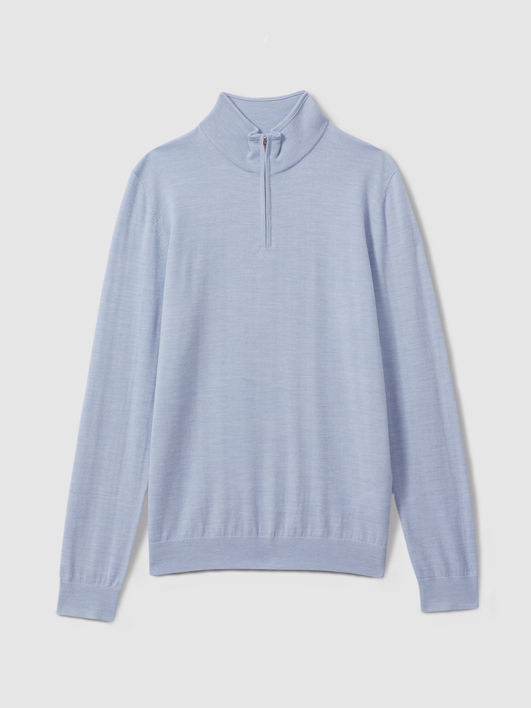 Reiss Merino Wool Half-Zip Funnel Neck Jumper in Soft Blue Melange - REISS