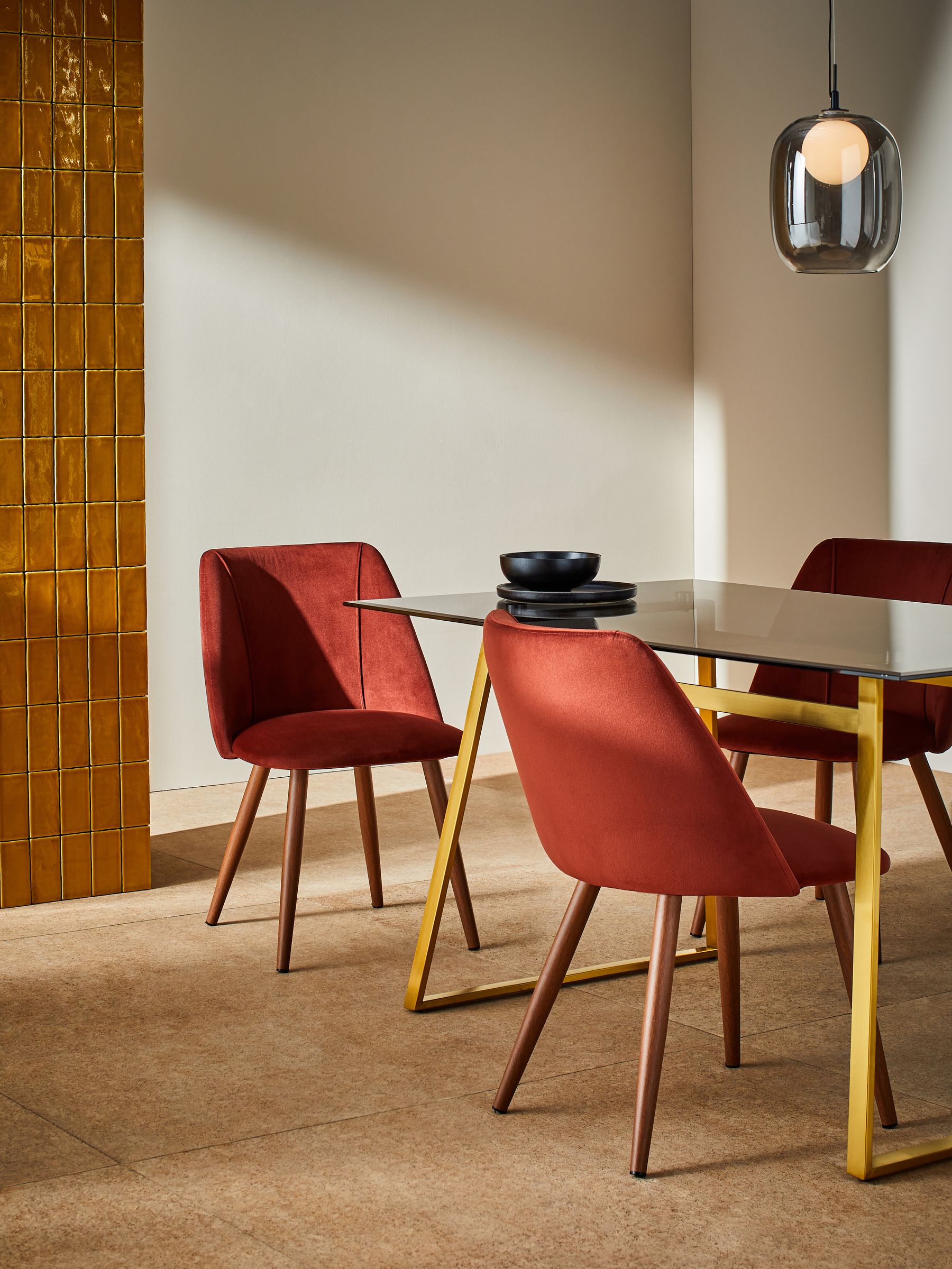 Set of 2 Lule Non Arm Dining Chairs in Rust Red and Walnut Legs | Made