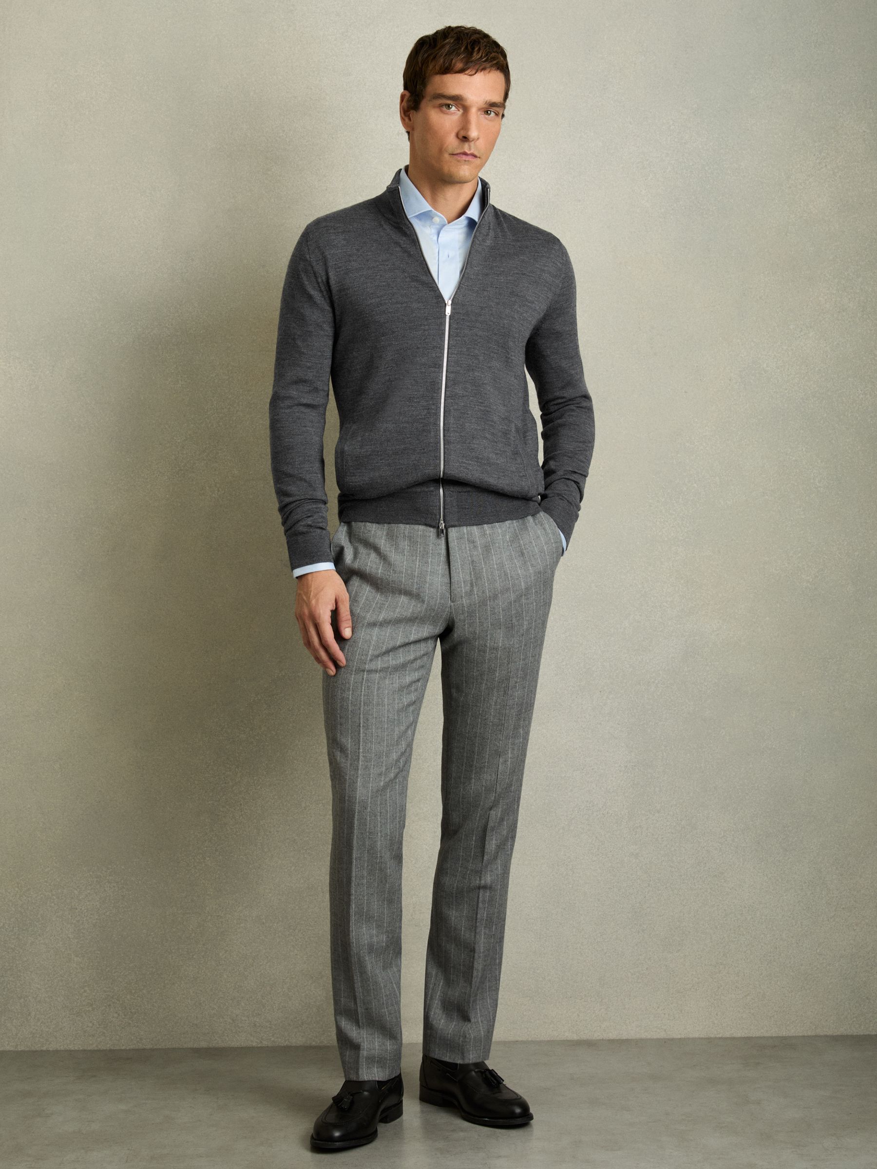 Reiss Merino Wool Funnel-Neck Cardigan in Derby Grey Marl - REISS