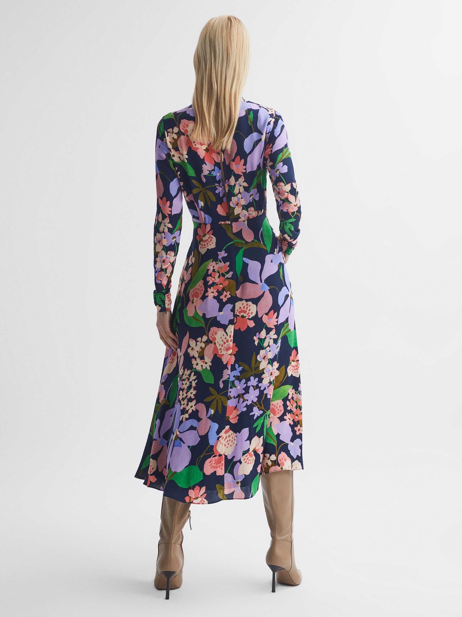 Reiss Florere Floral Long Sleeve Midi Dress in Navy - REISS