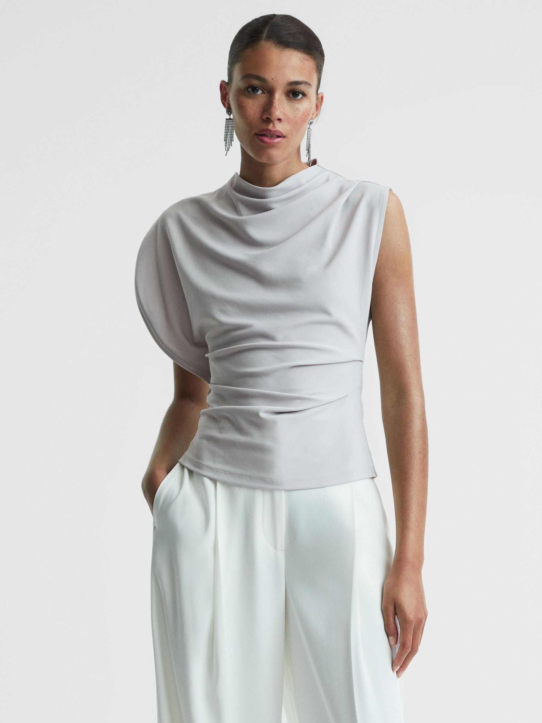 Reiss Asymmetric Draped Top in Silver - REISS