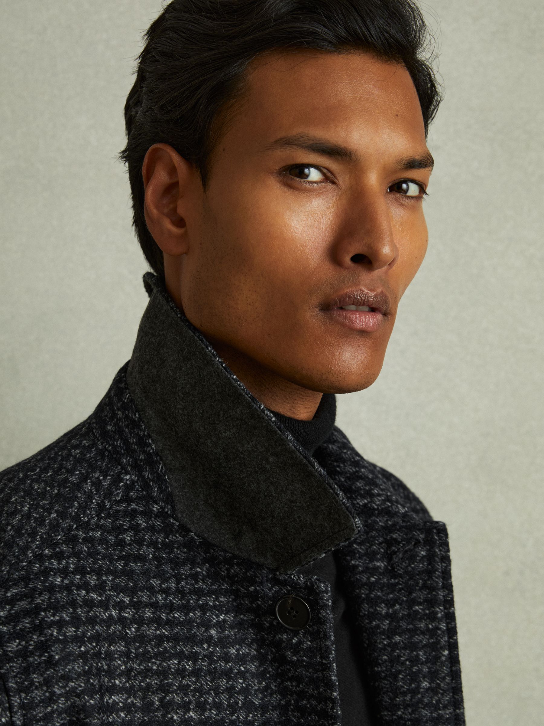 Reiss Packer Navy Melange Puppytooth Check Bomber Jacket - REISS