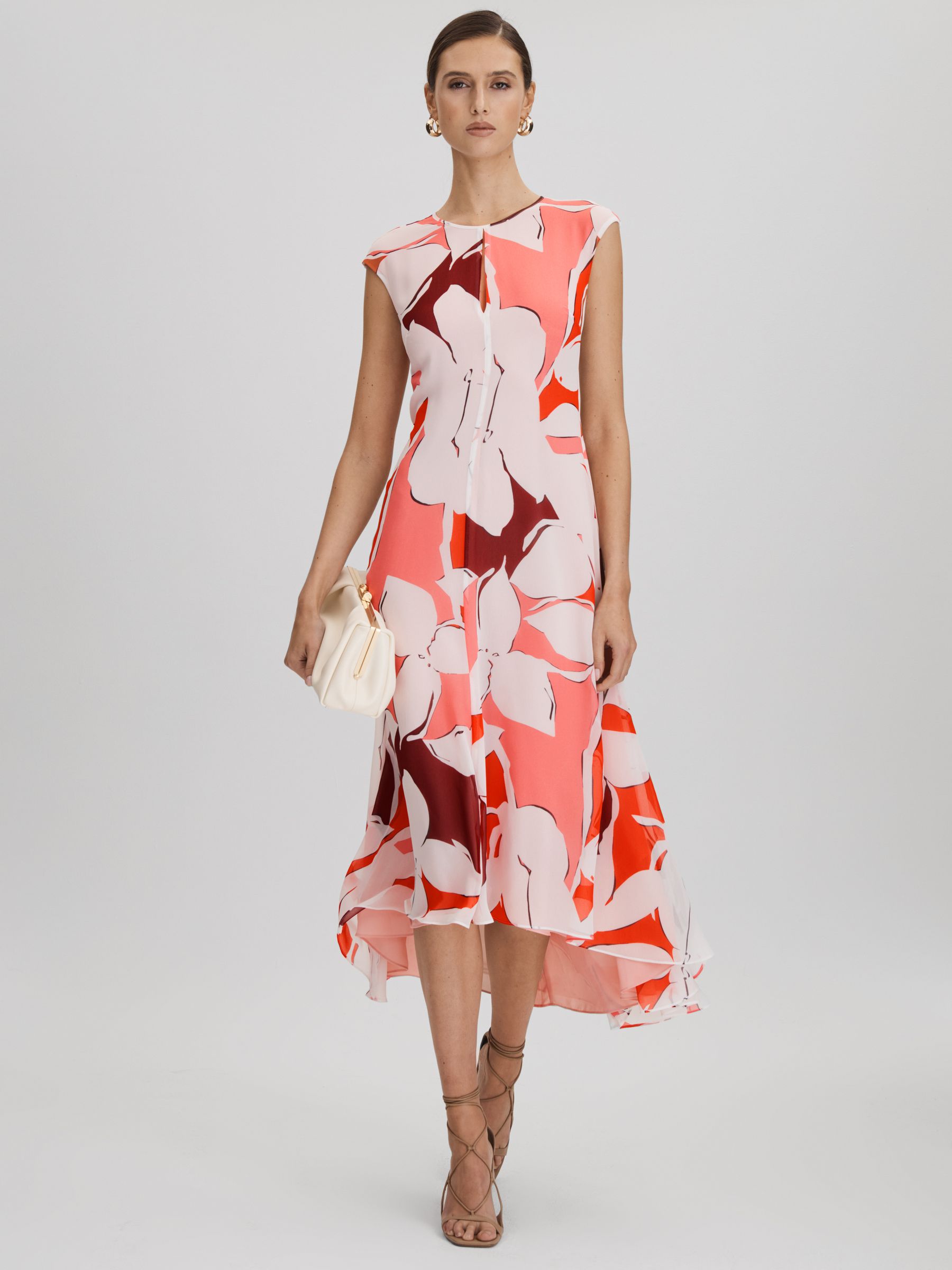 Reiss Printed Open Back Midi Dress in Red - REISS