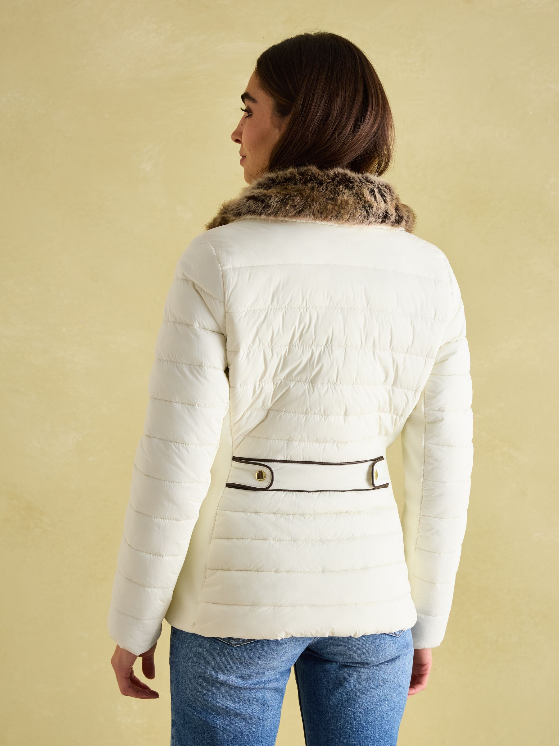 Beckley White Padded Showerproof Jacket with Faux Fur Trim | Joules