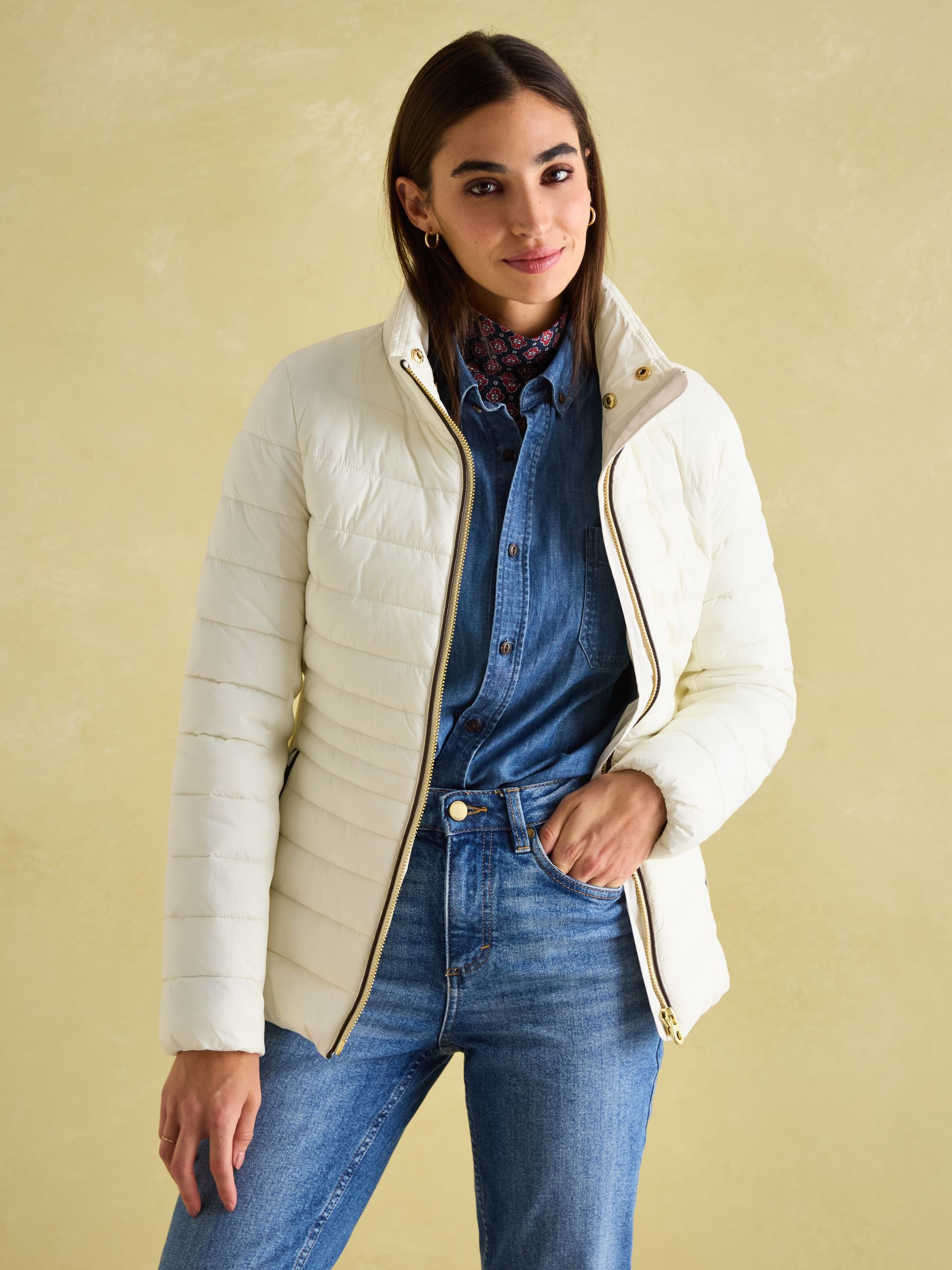 Beckley White Padded Showerproof Jacket with Faux Fur Trim | Joules