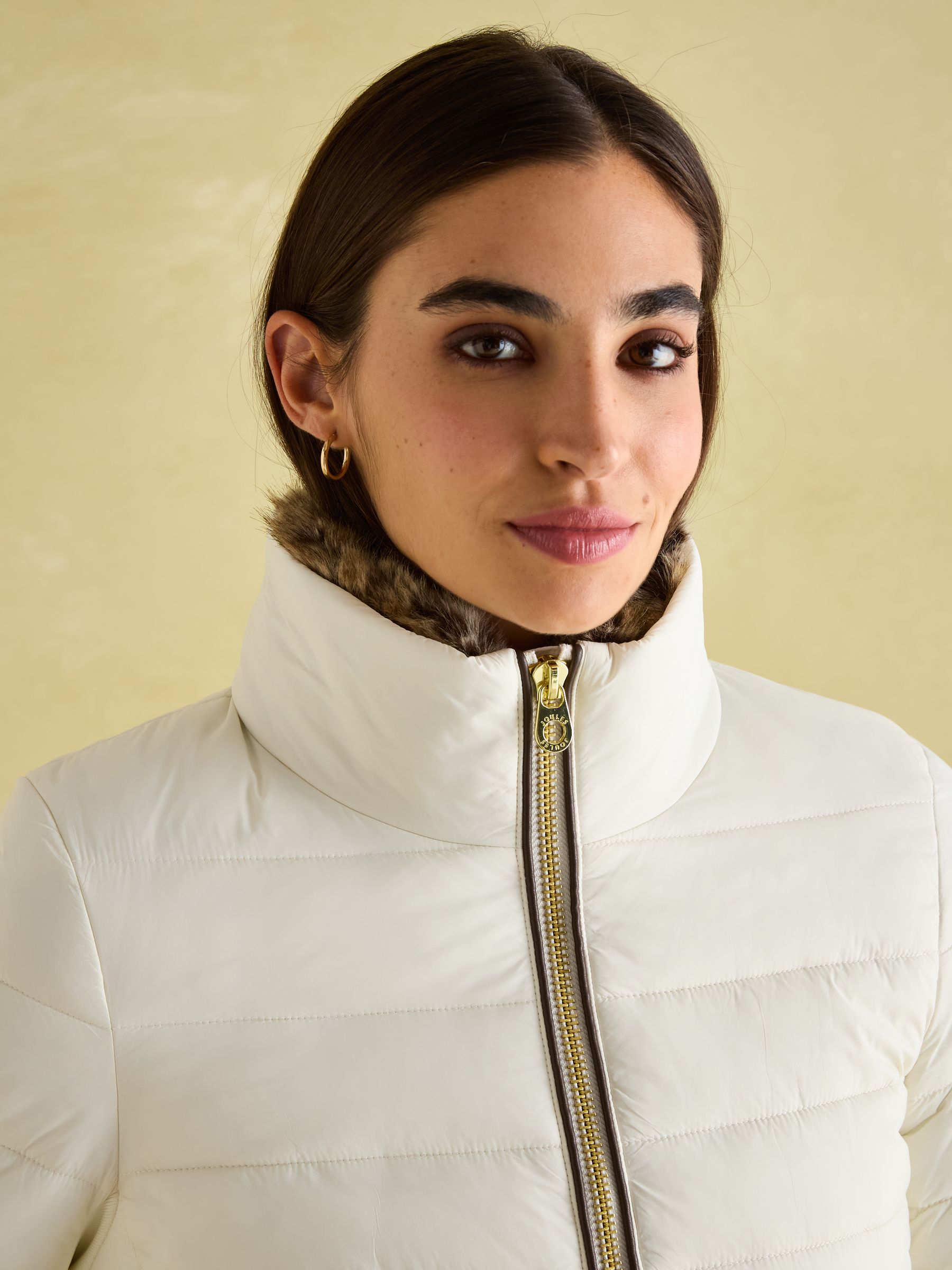 Beckley White Padded Showerproof Jacket with Faux Fur Trim | Joules