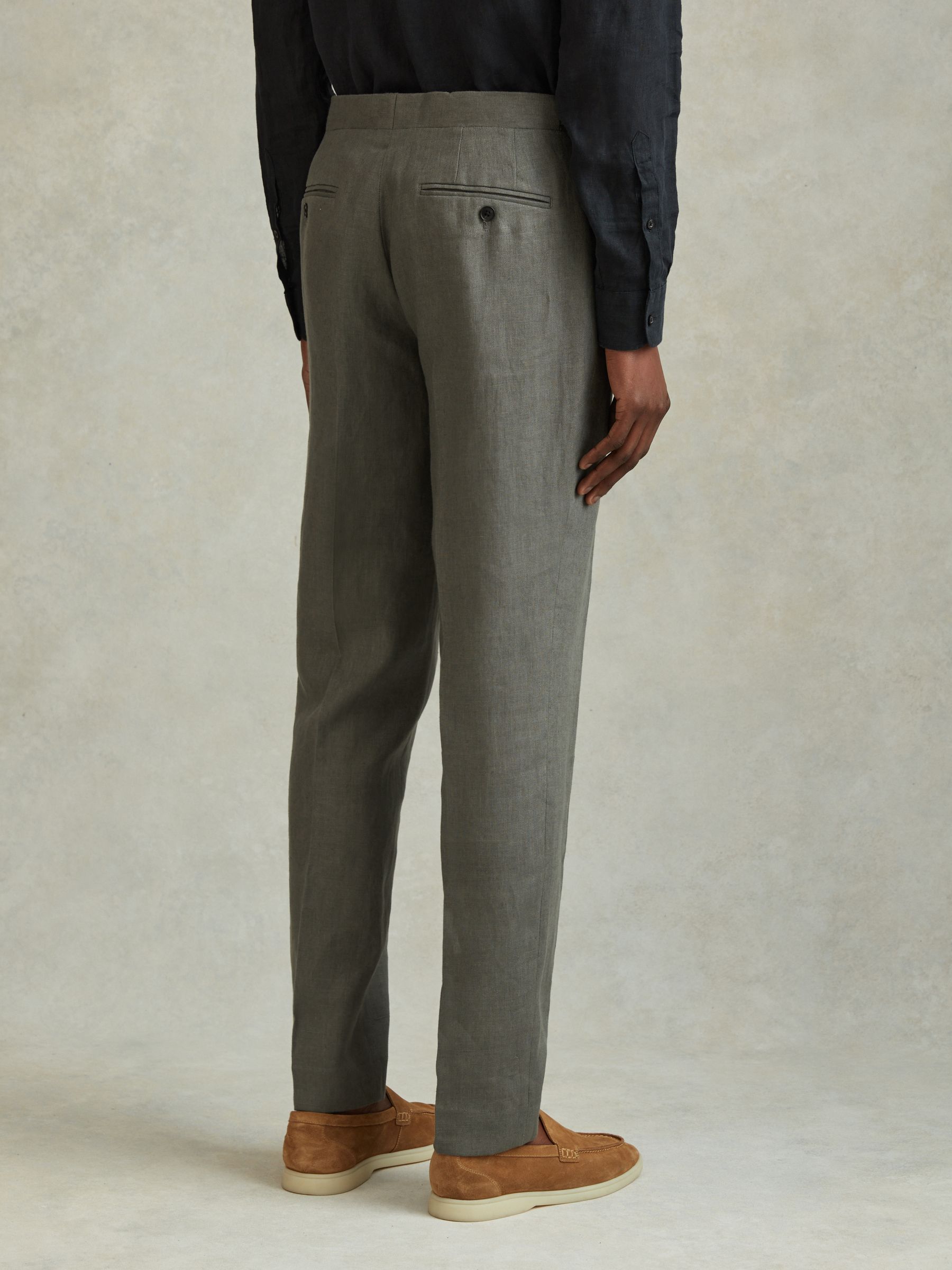 Reiss Halgas Dark Sage 100% Linen Side Adjuster Slim Fit Trousers - REISS