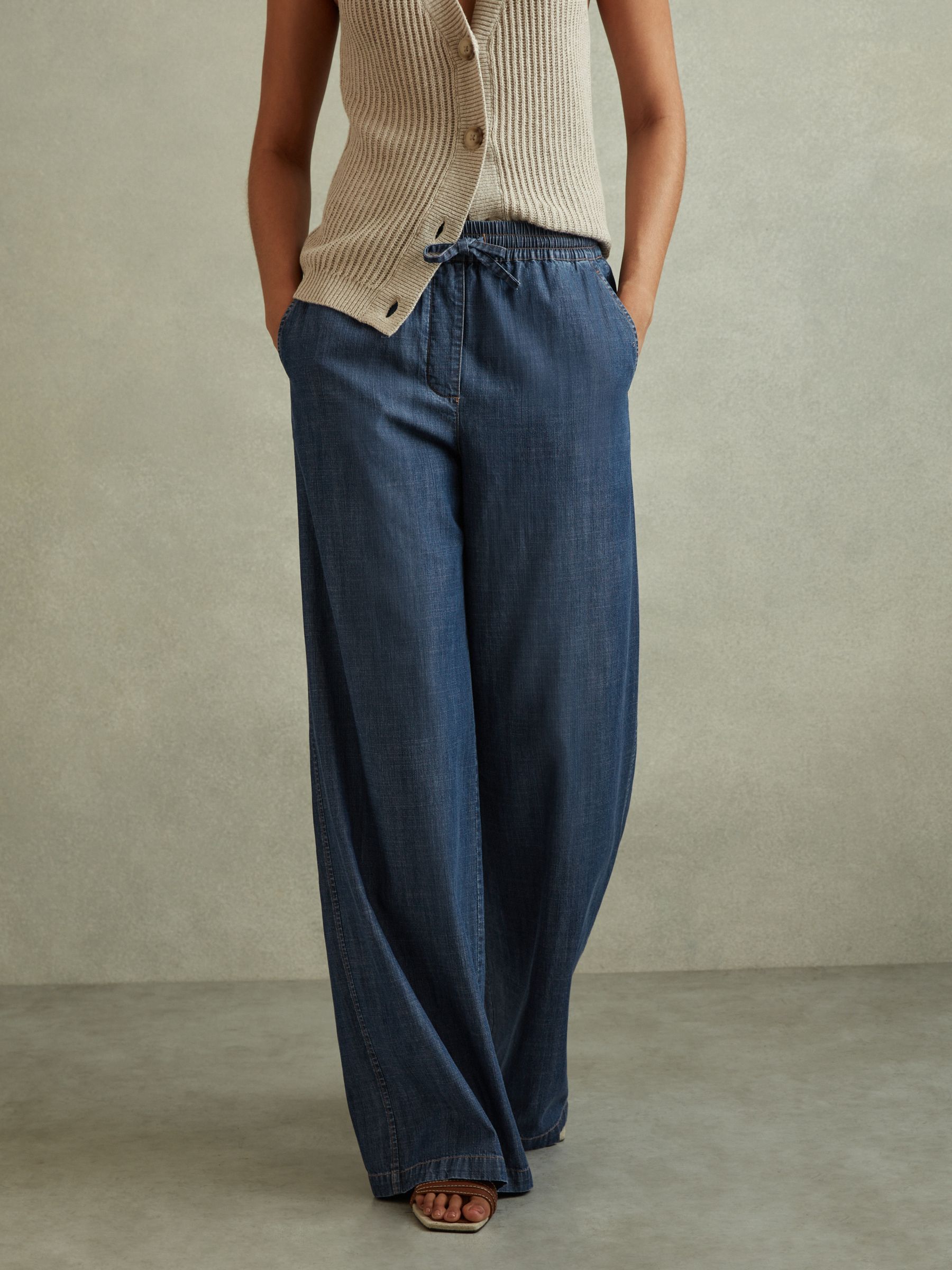 Reiss Denim Look Wide Leg Trousers in Mid Blue - REISS