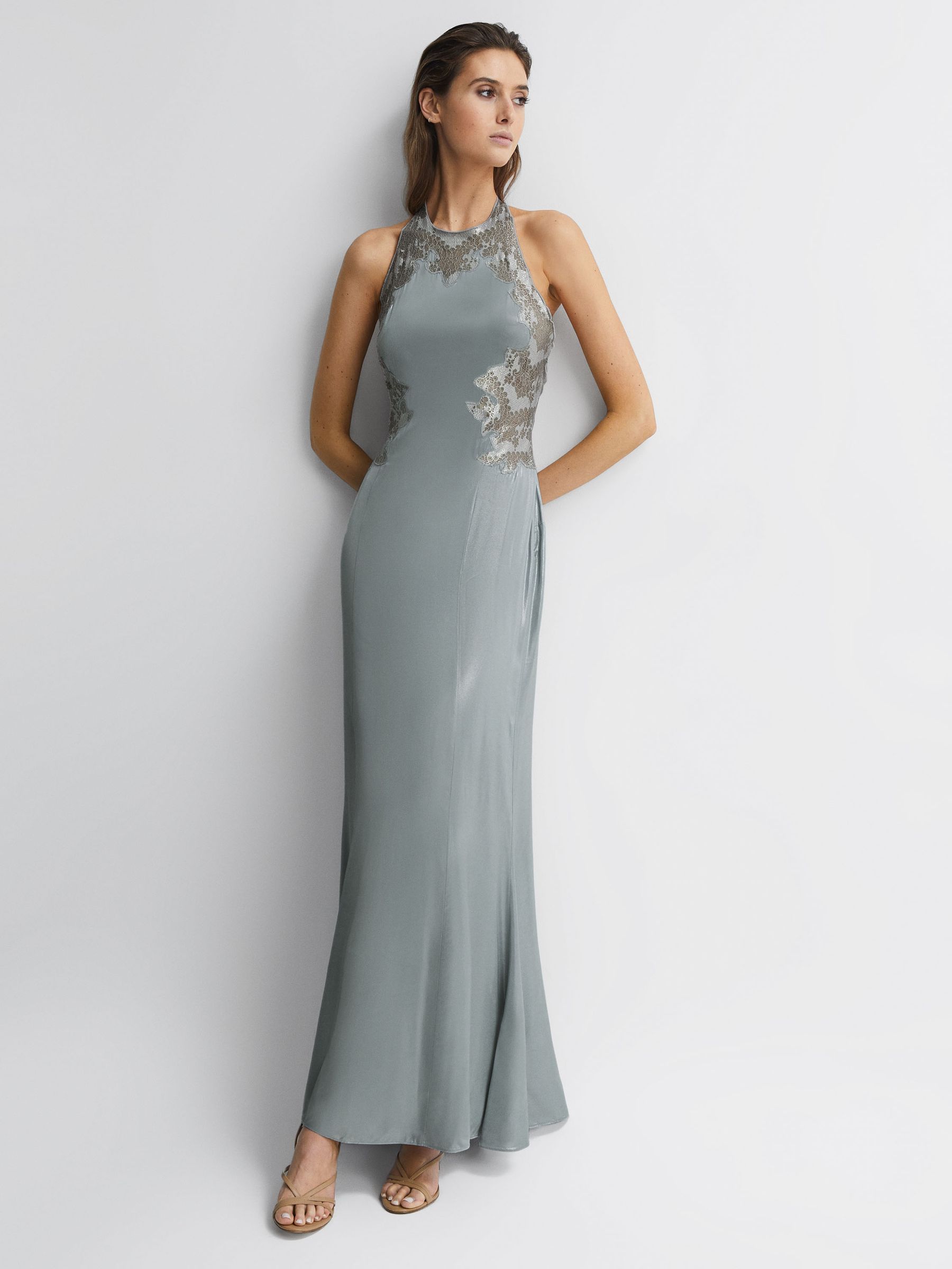Reiss Fitted Lace Halter Neck Maxi Dress in Silver - REISS