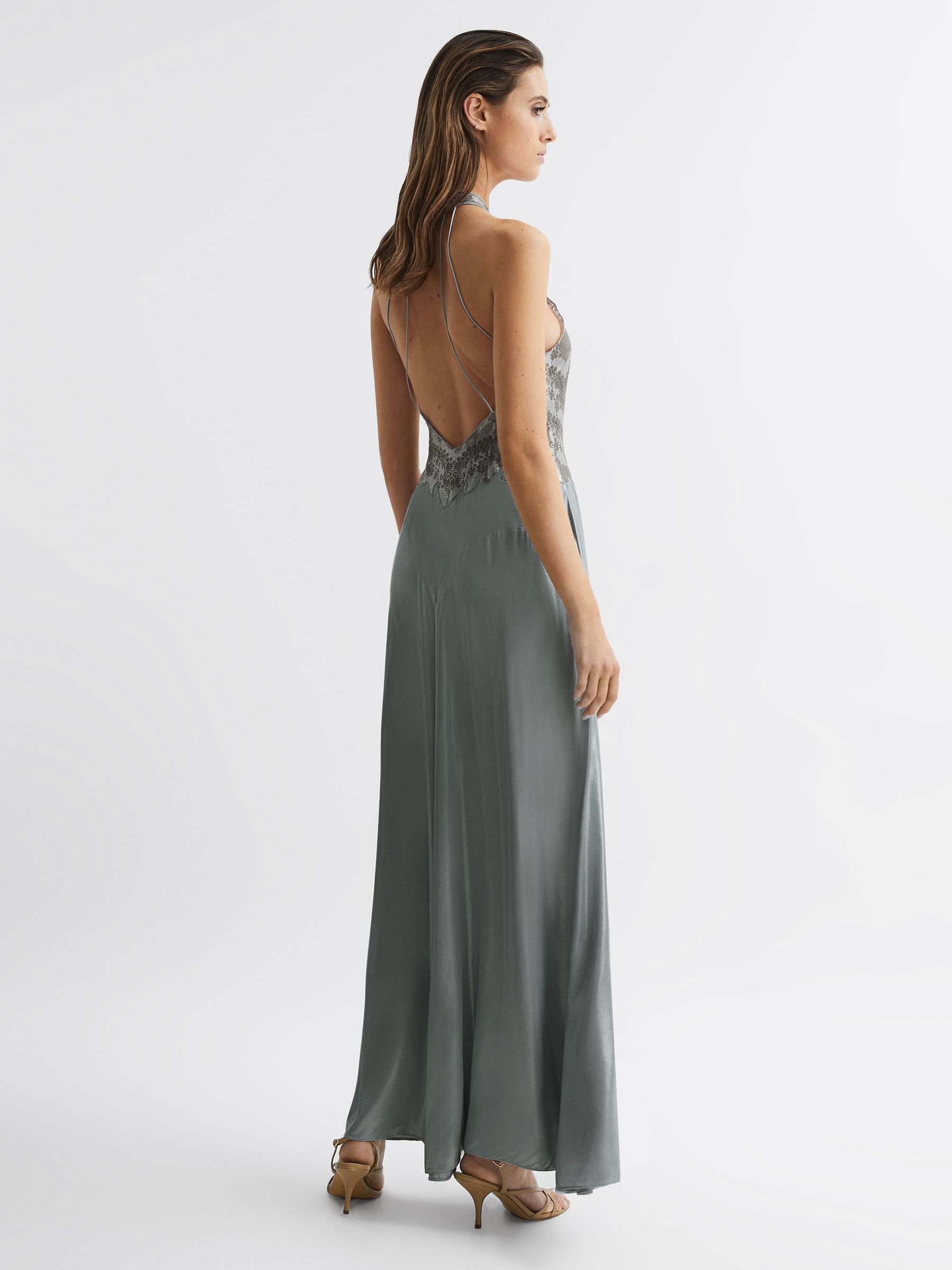 Reiss Fitted Lace Halter Neck Maxi Dress in Silver - REISS