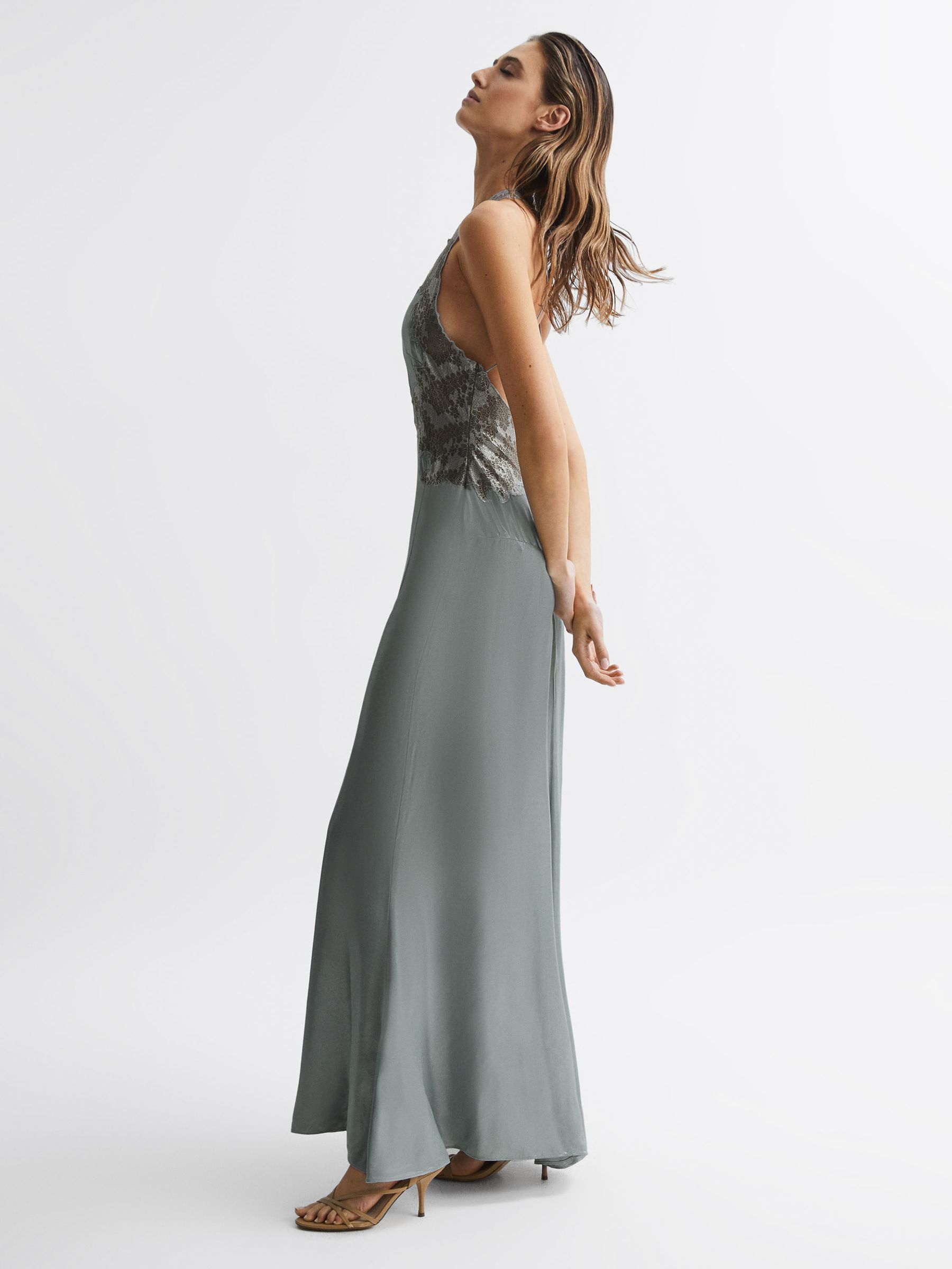 Reiss Fitted Lace Halter Neck Maxi Dress in Silver - REISS