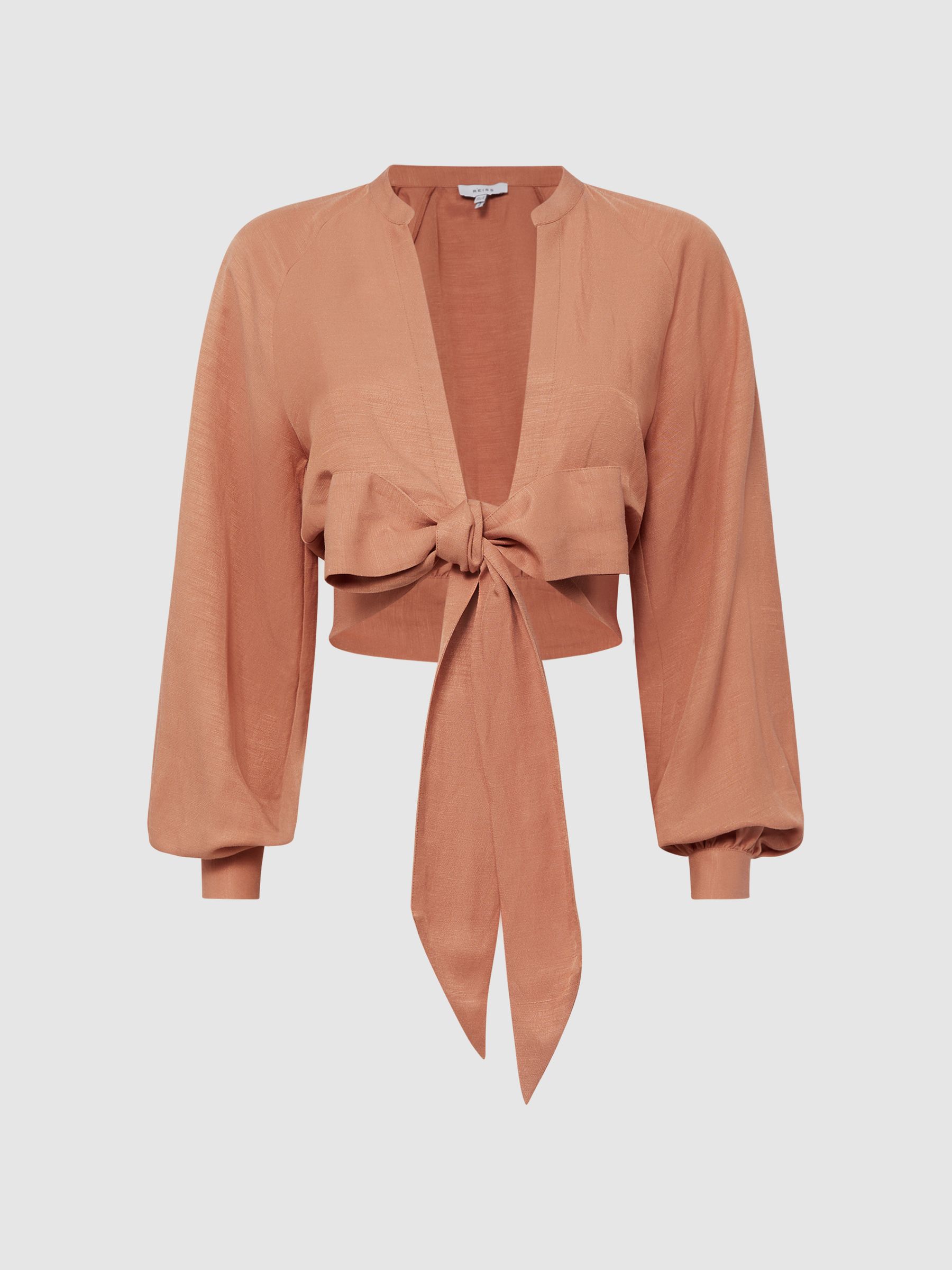 Reiss Tie Front Cropped Blouse in Rust - REISS