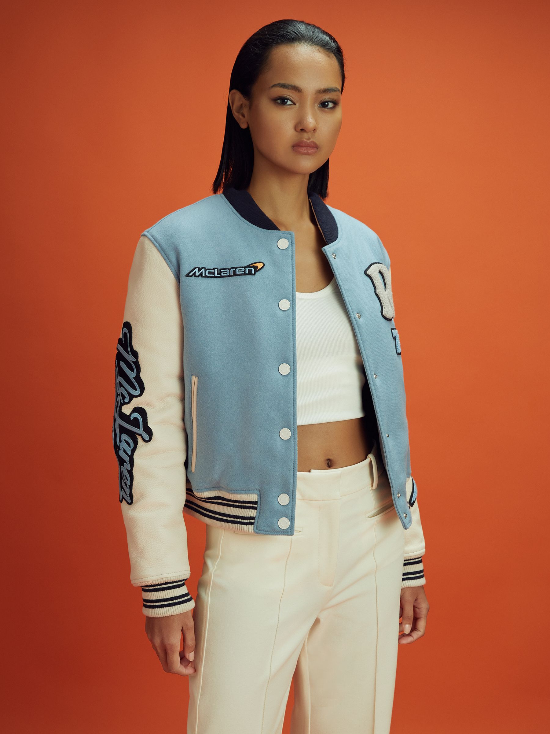 Reiss McLaren F1 Leather Varsity Jacket in Soft Blue/Ecru - REISS