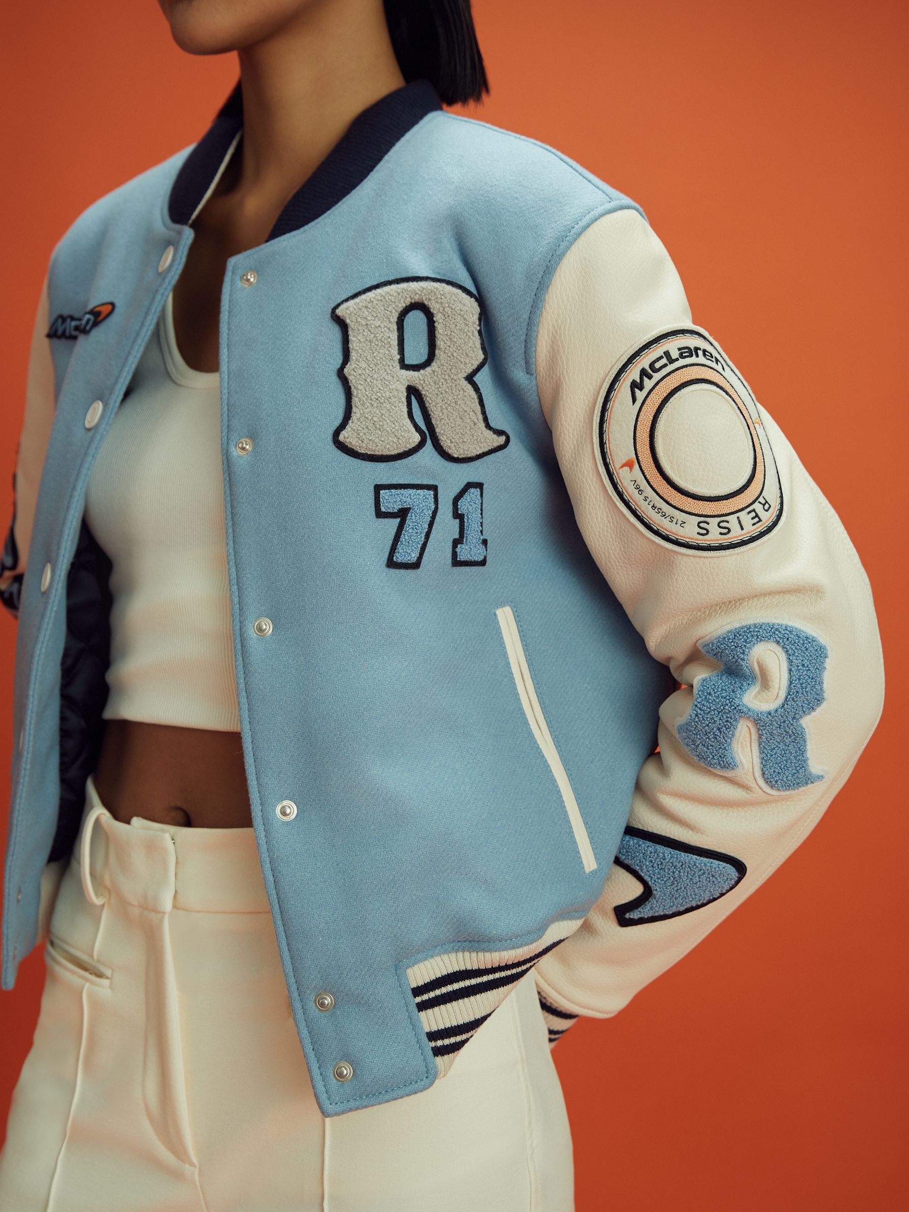 Reiss McLaren F1 Leather Varsity Jacket in Soft Blue/Ecru - REISS