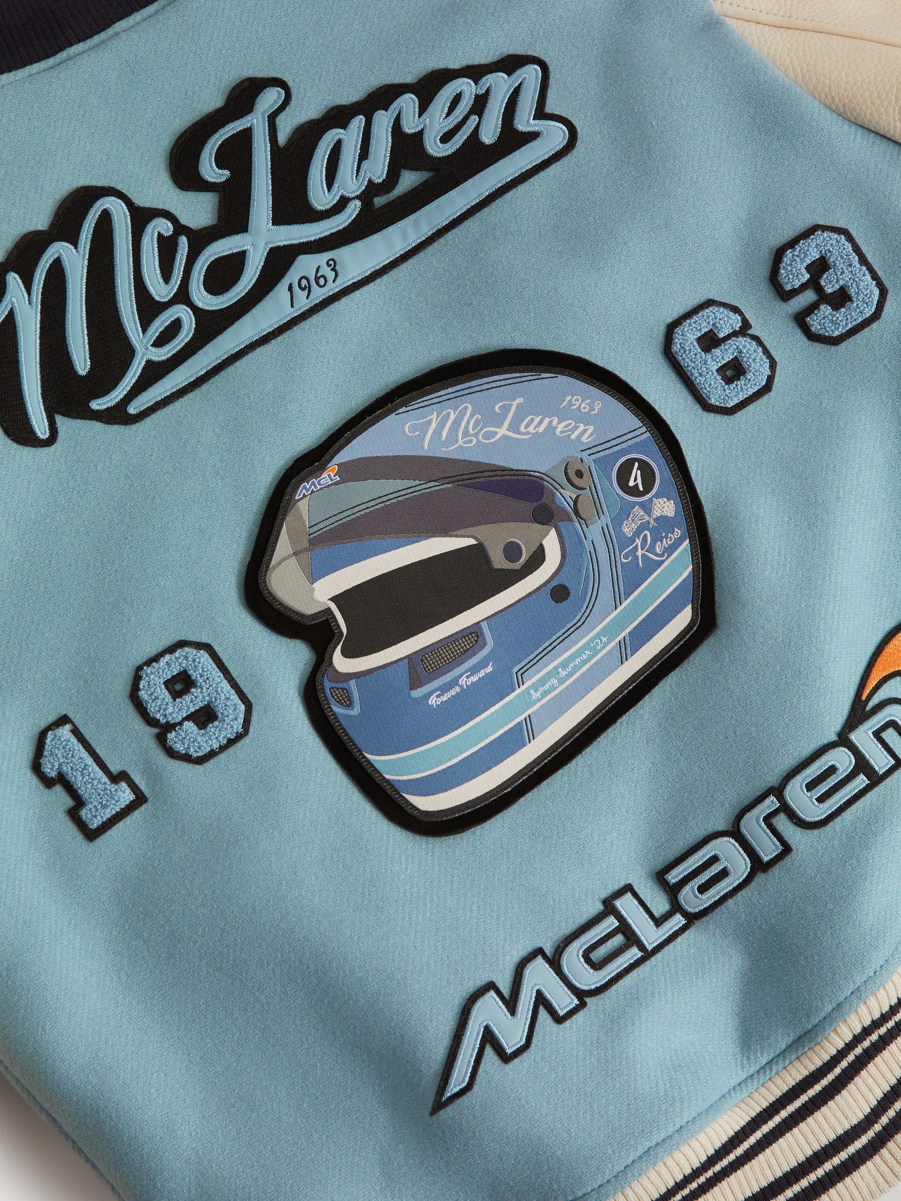 Reiss McLaren F1 Leather Varsity Jacket in Soft Blue/Ecru - REISS