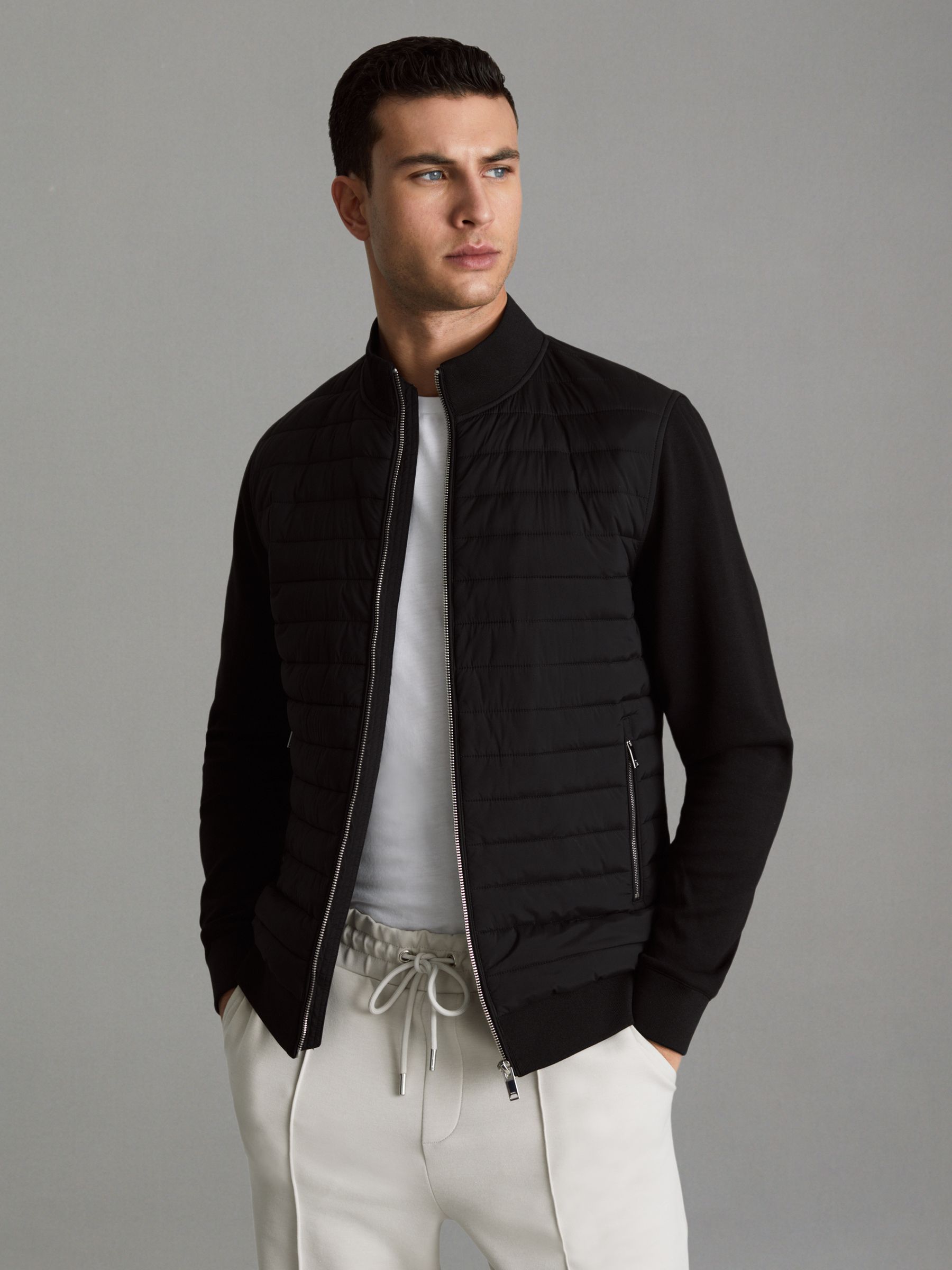 Reiss Hybrid Quilt and Knit Zip-Through Jacket in Black - REISS