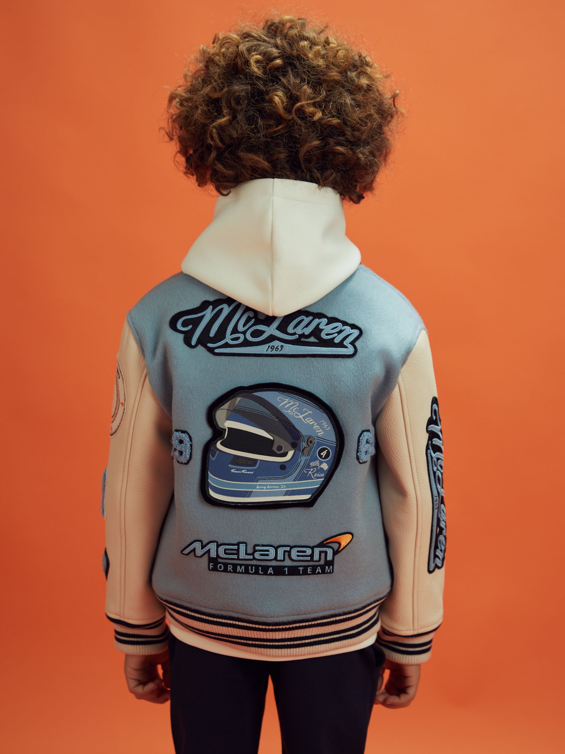 Reiss 9-13 yrs McLaren F1 Leather Varsity Jacket in Airforce Blue/Ecru ...