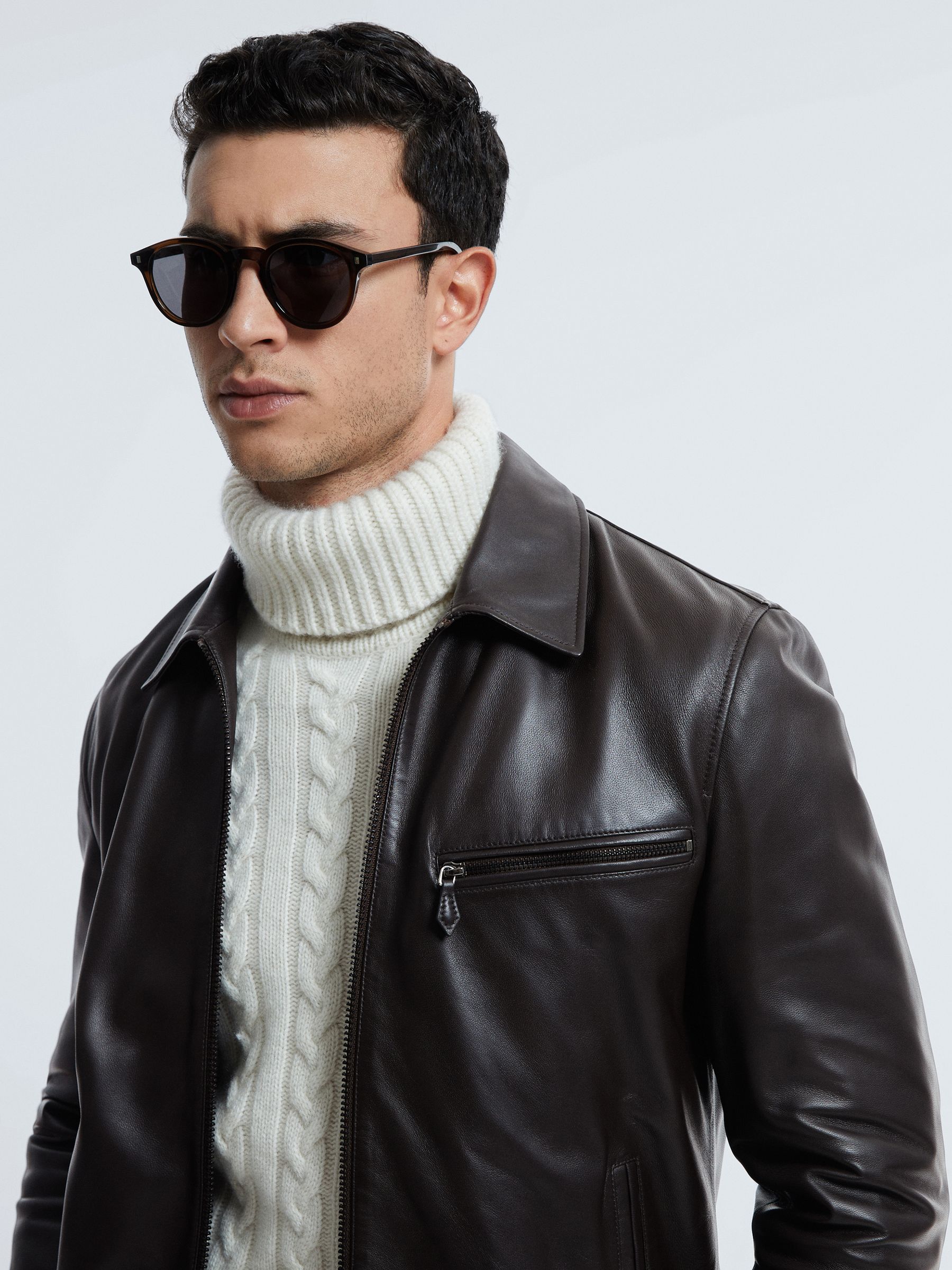 Reiss Atelier Leather Zip-Through Jacket in Chocolate - REISS