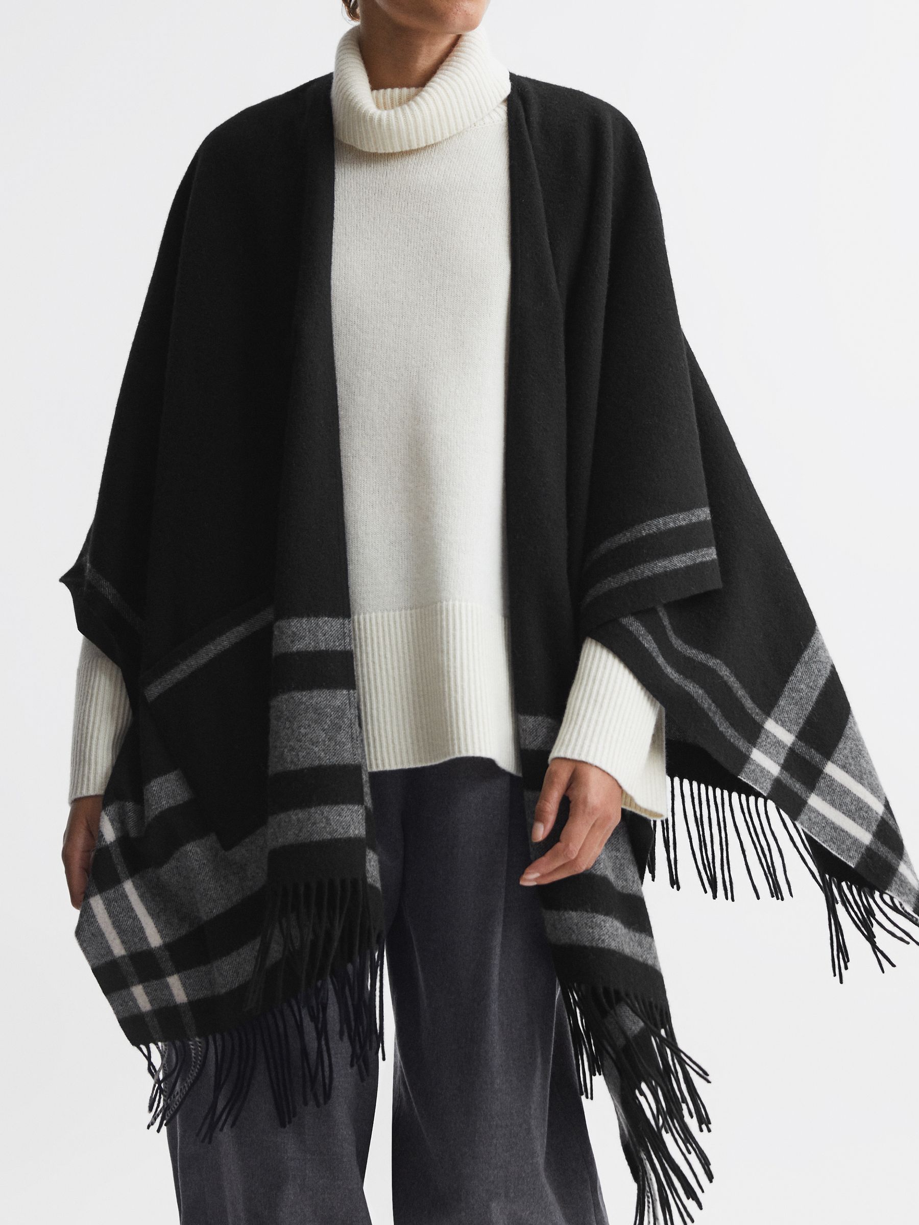 Reiss Wool Striped Cape in Black | REISS