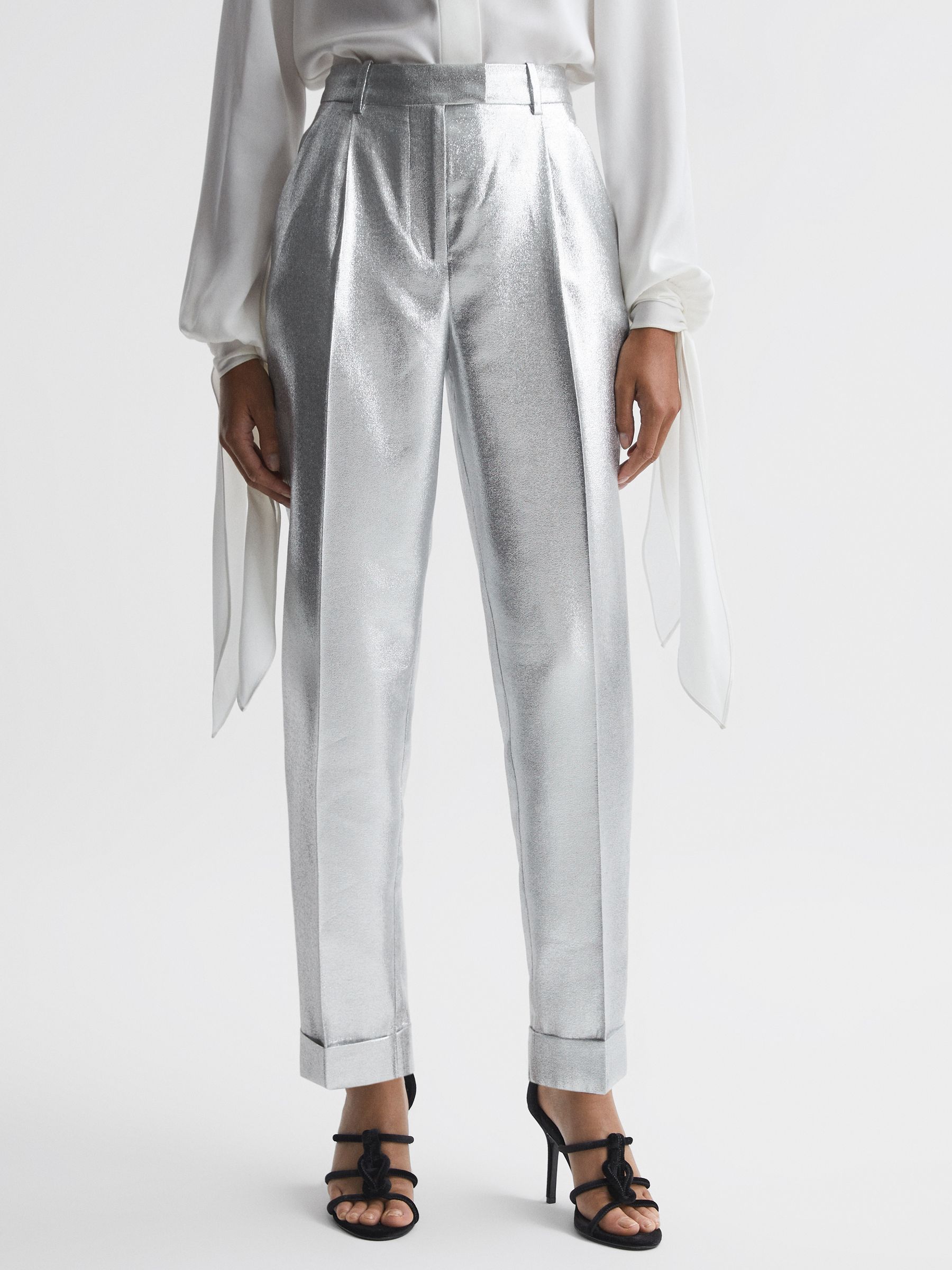 Reiss Tapered Metallic Trousers with Turn-Ups in Silver - REISS