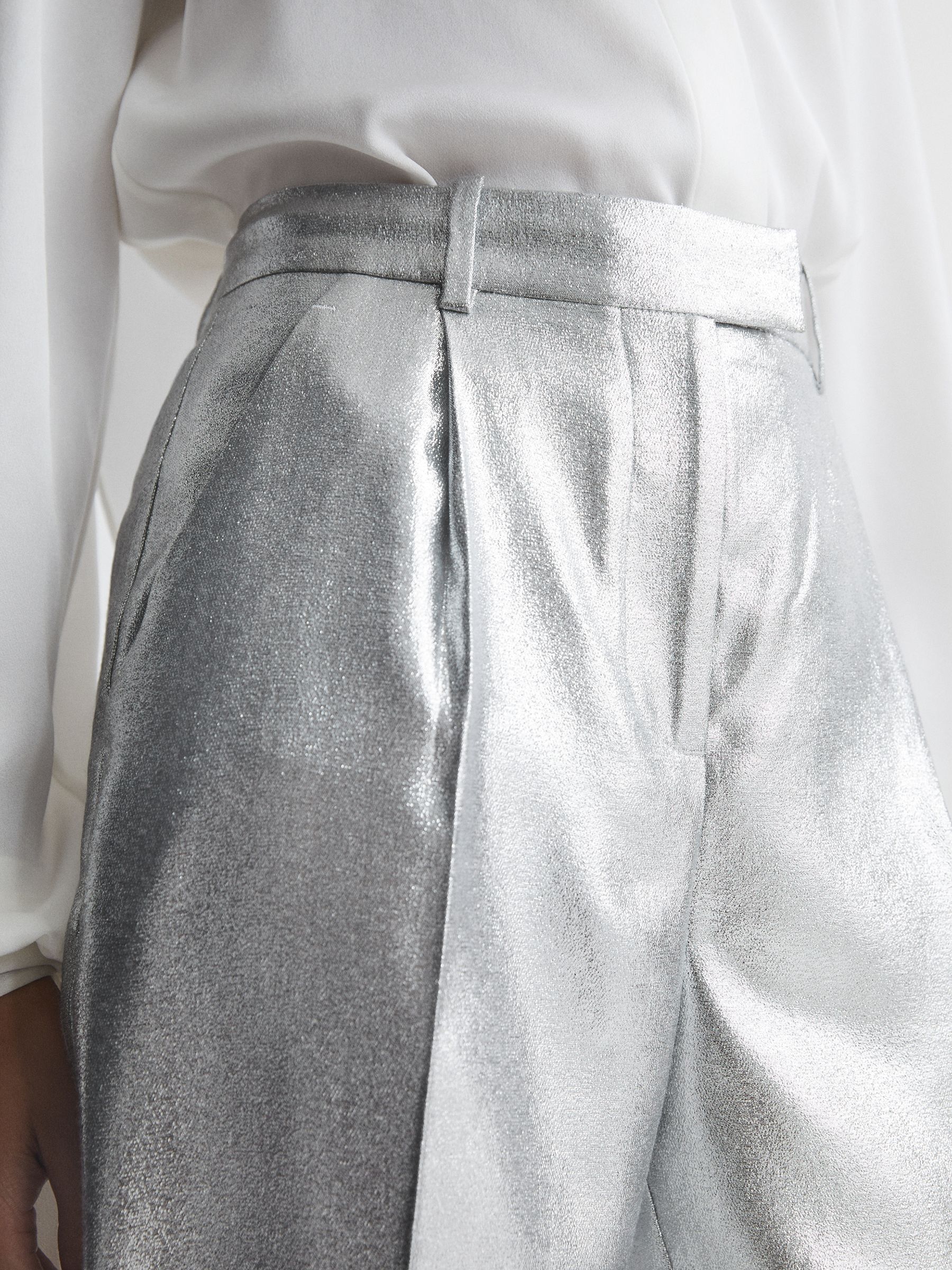 Reiss Tapered Metallic Trousers with Turn-Ups in Silver - REISS
