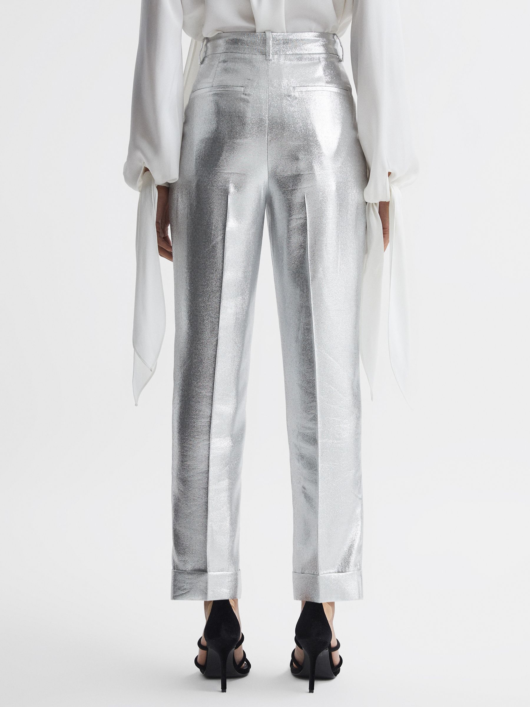 Reiss Tapered Metallic Trousers with Turn-Ups in Silver - REISS
