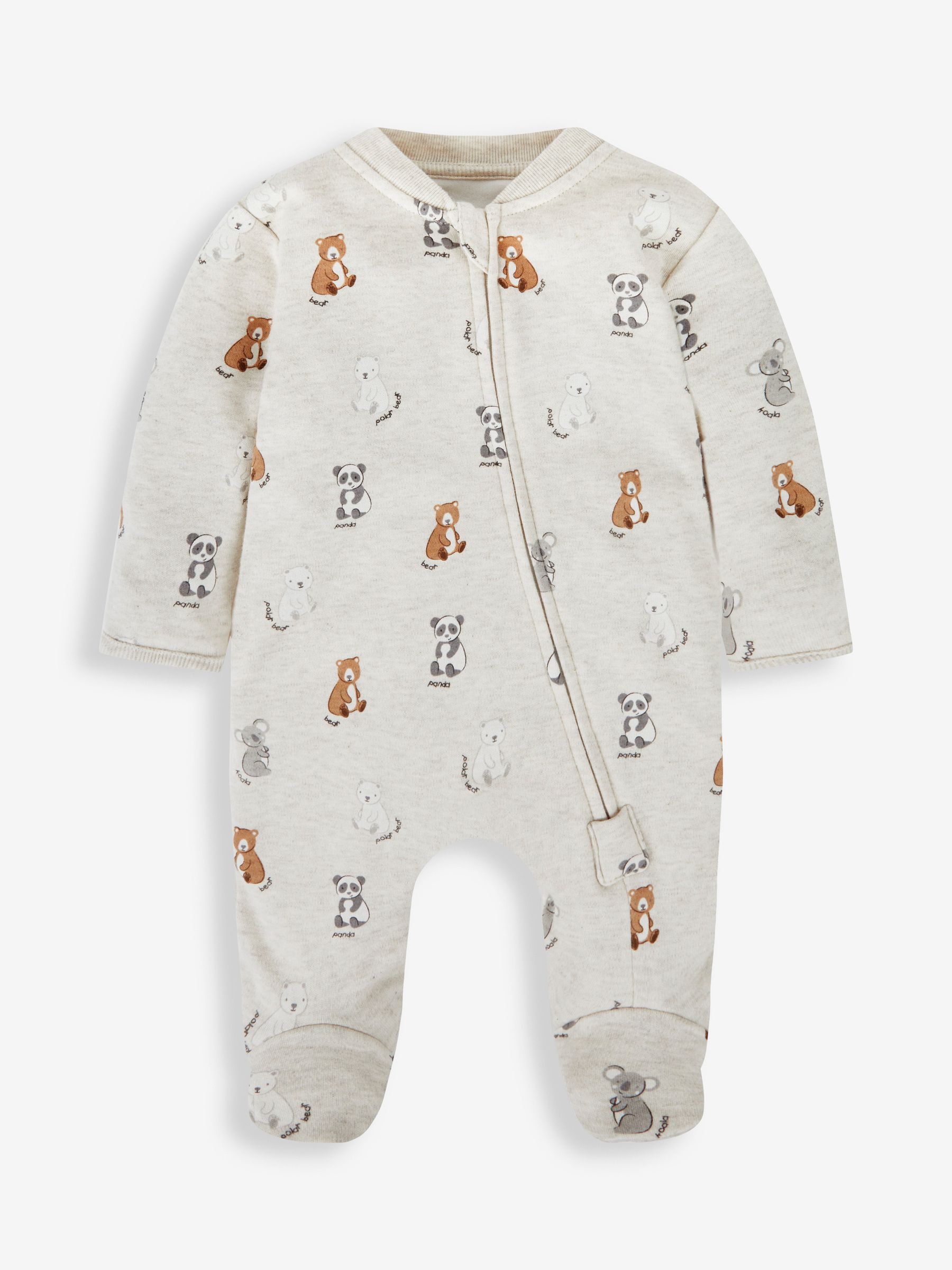Stone Grey Bear Print Zip Cotton Baby Sleepsuit | JoJo Maman Bébé