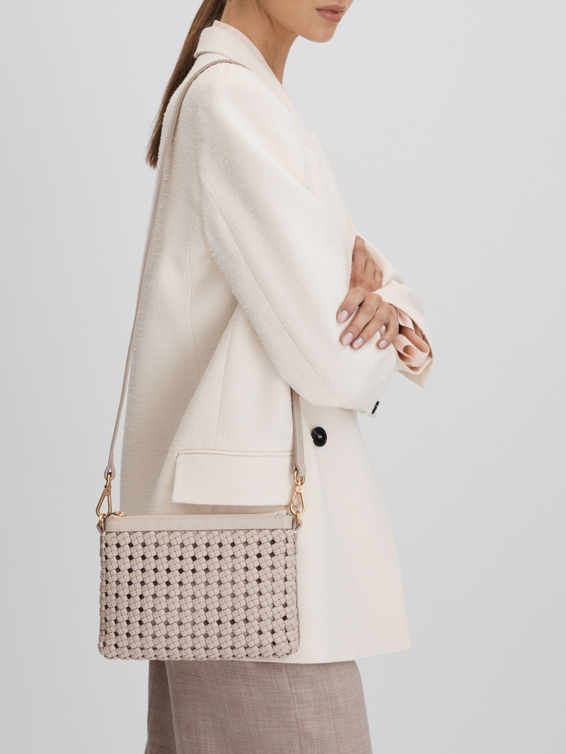 Reiss Leather Raffia Pouch Bag in Off White - REISS
