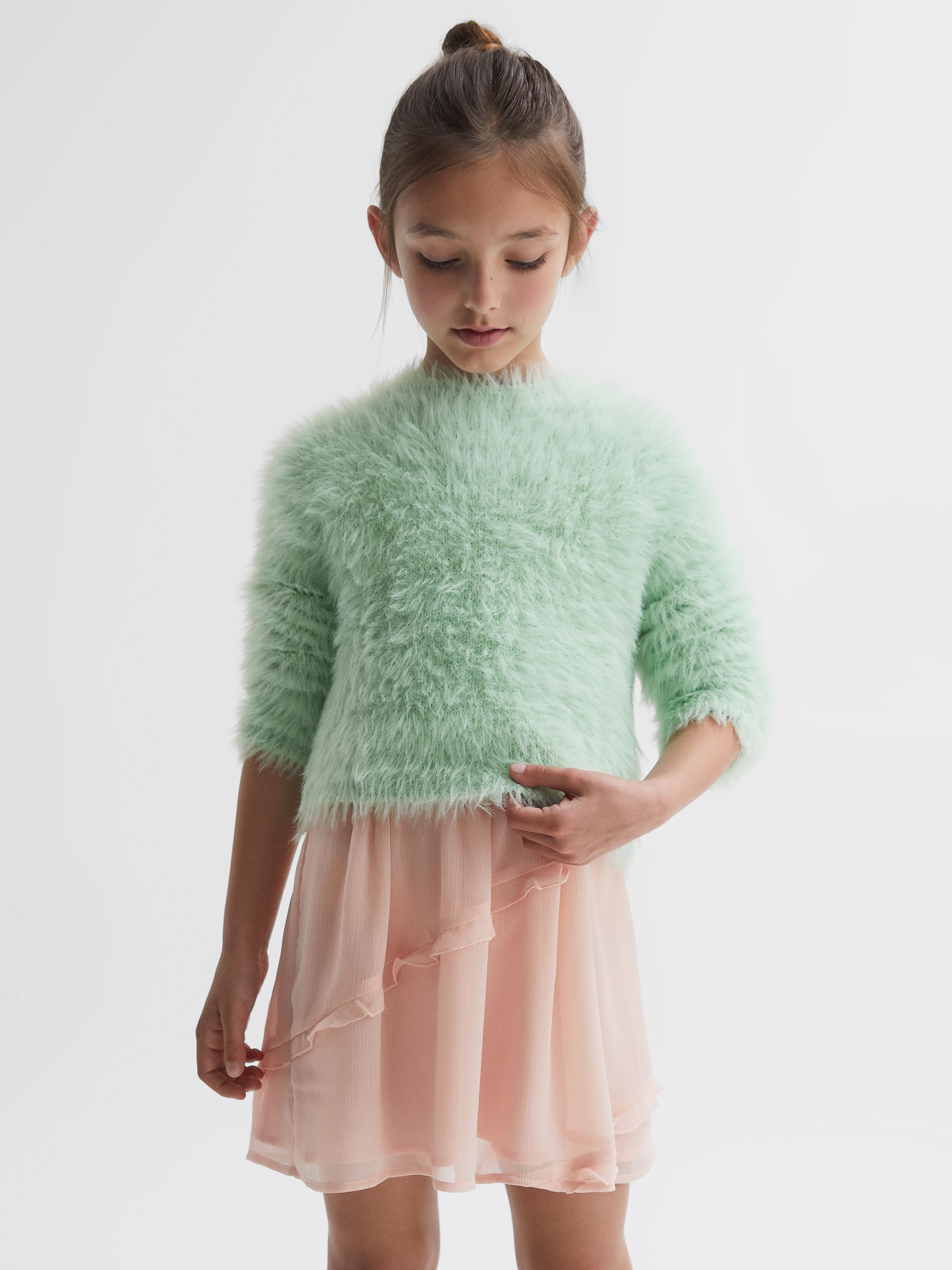 Reiss Fluffy Crew Neck Jumper in Green - REISS