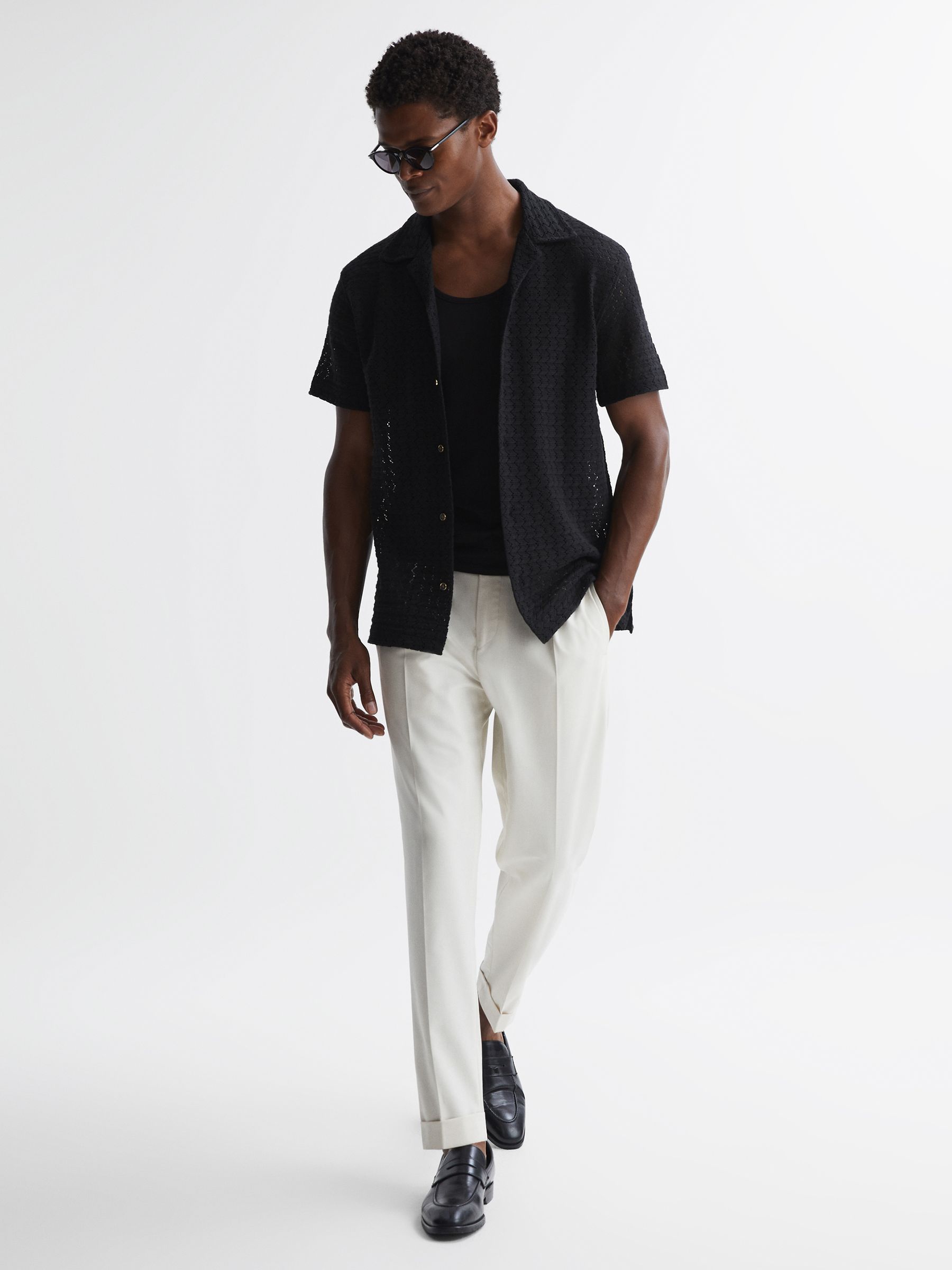 Reiss Crochet Cuban Collar Button Through T-Shirt in Black - REISS