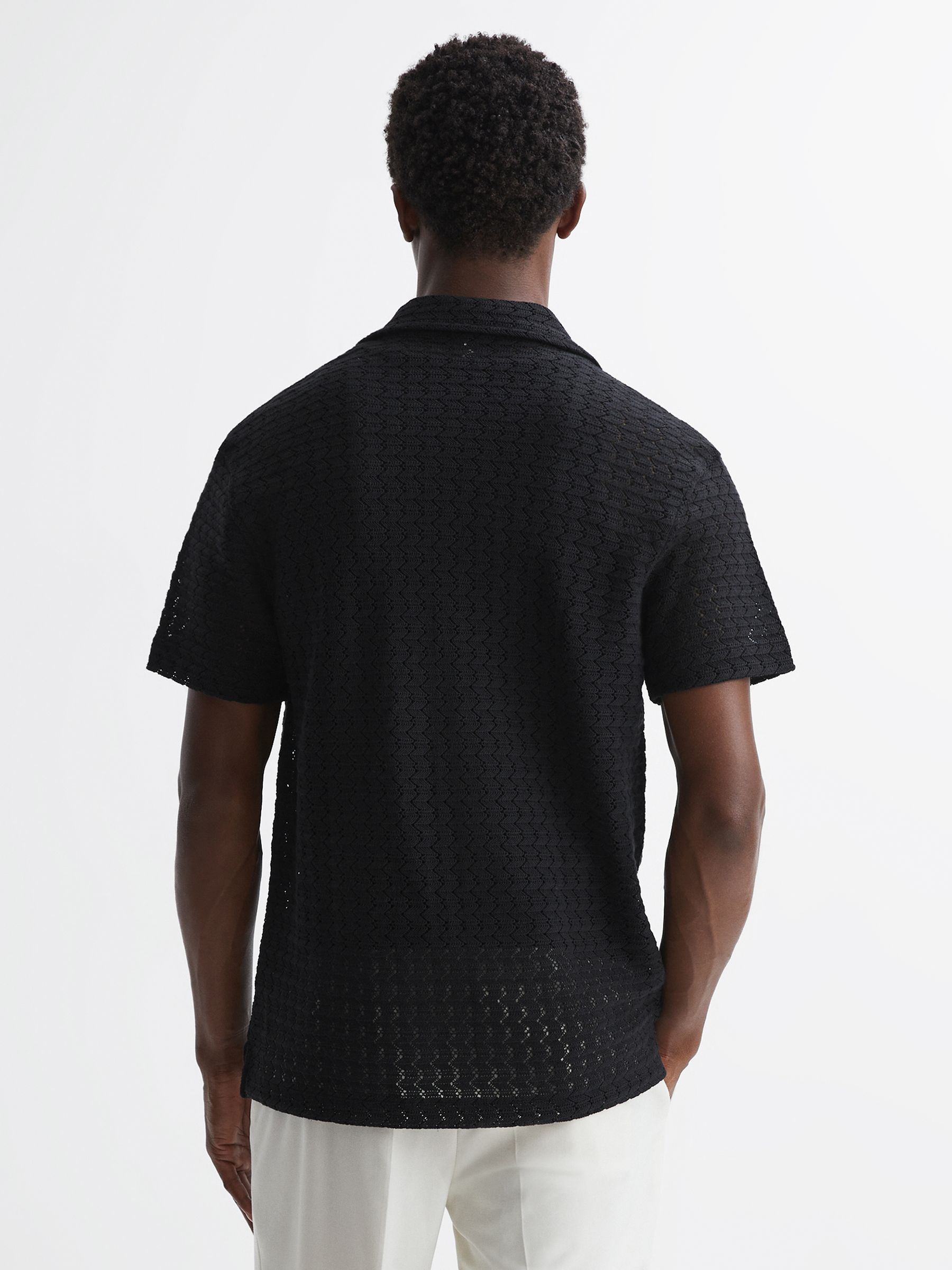 Reiss Crochet Cuban Collar Button Through T-Shirt in Black - REISS