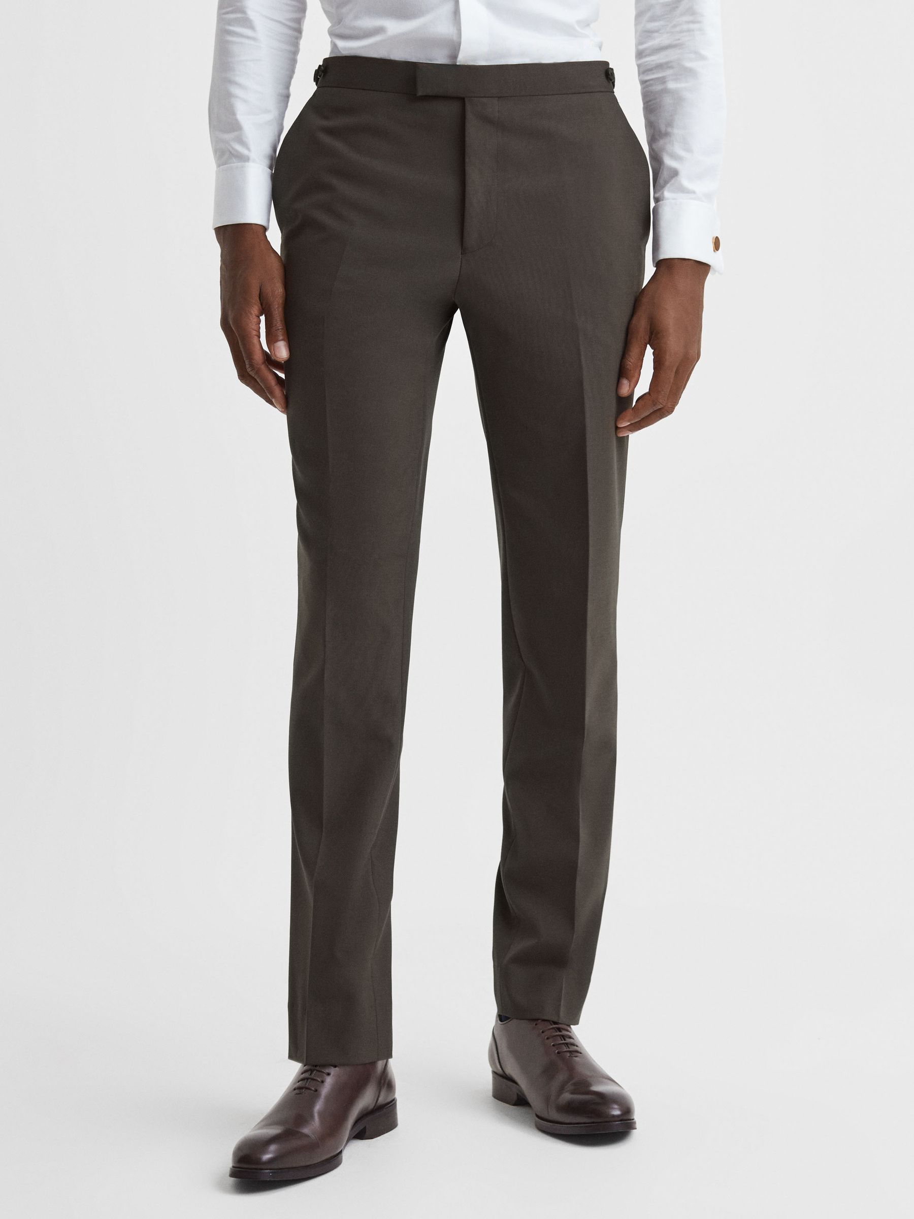 Reiss Slim Fit Wool Blend Side Adjuster Trousers in Chocolate - REISS