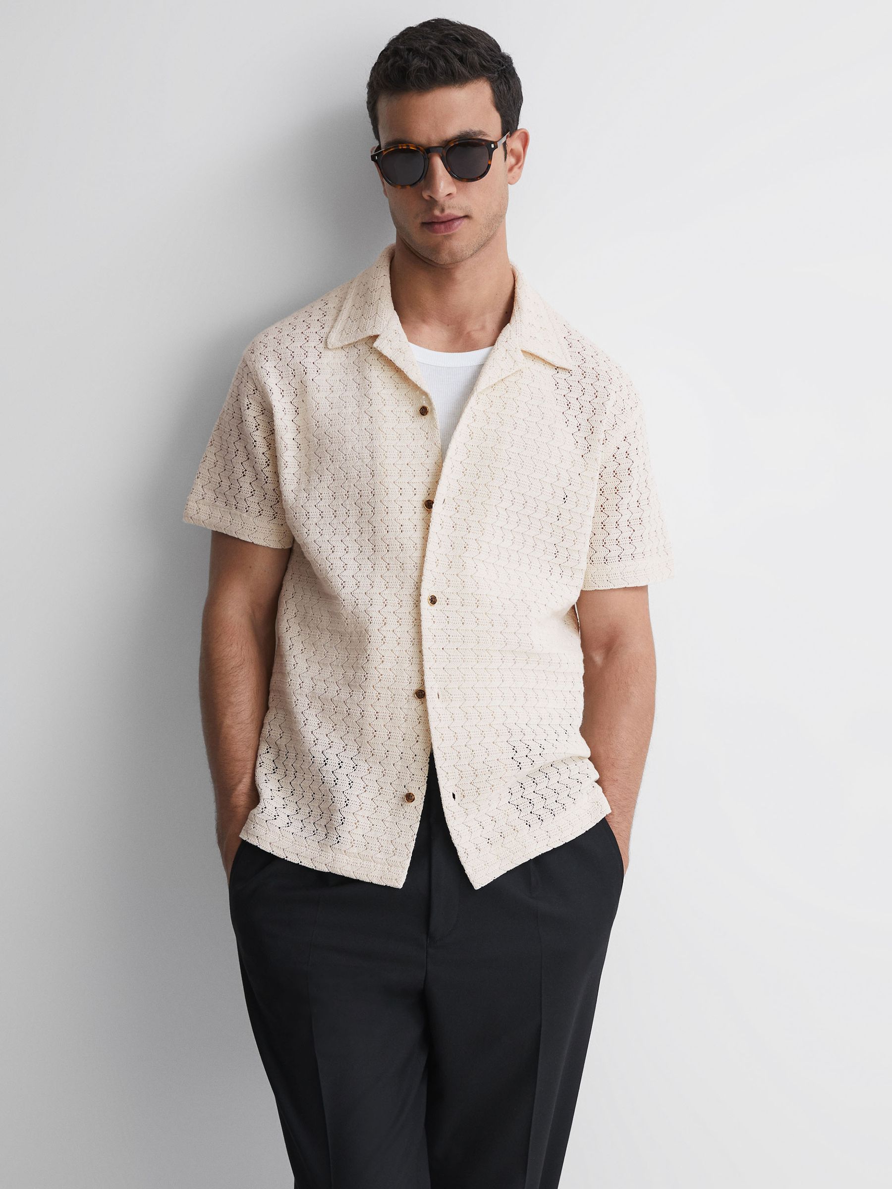Reiss Crochet Cuban Collar Button Through T-Shirt in Ecru - REISS