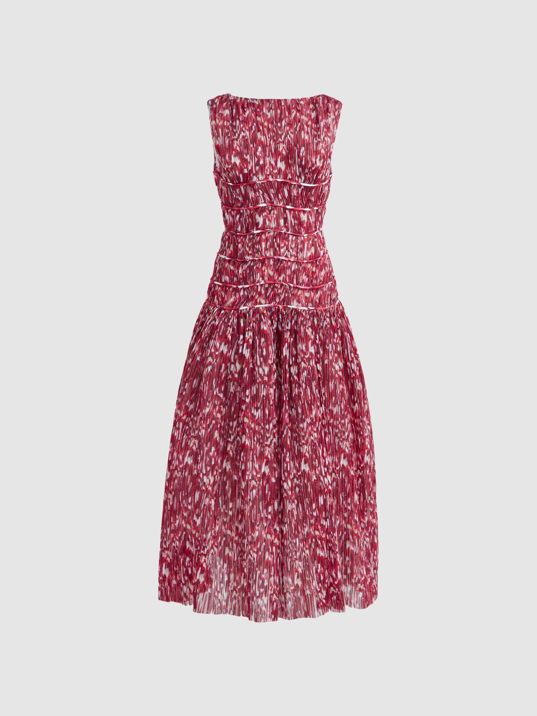 Reiss Rachel Gilbert Floral Pleated Midi Dress in Red Print - REISS