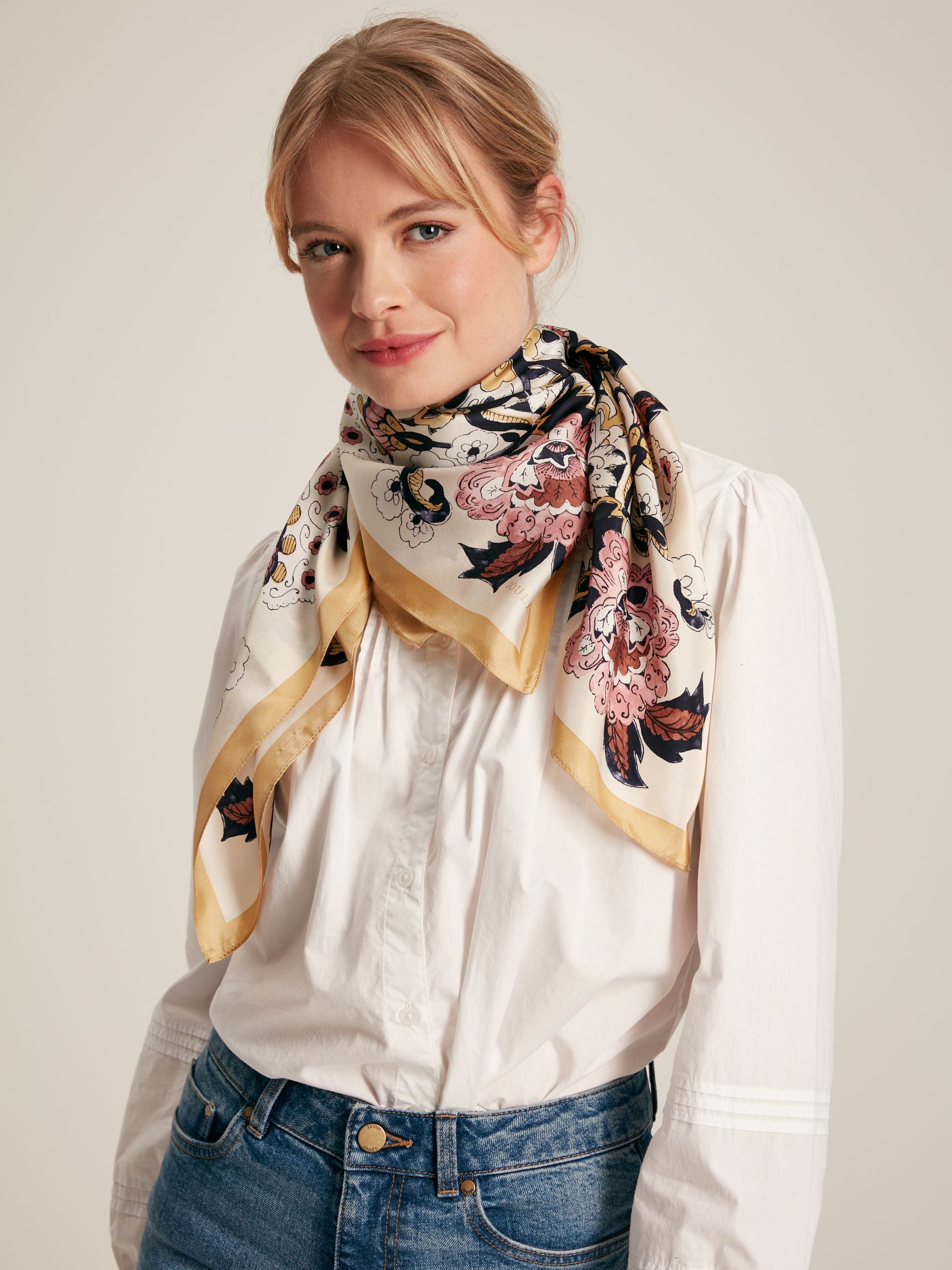 Bloomfield Neutral/Blush Floral Square Silk Scarf | Joules