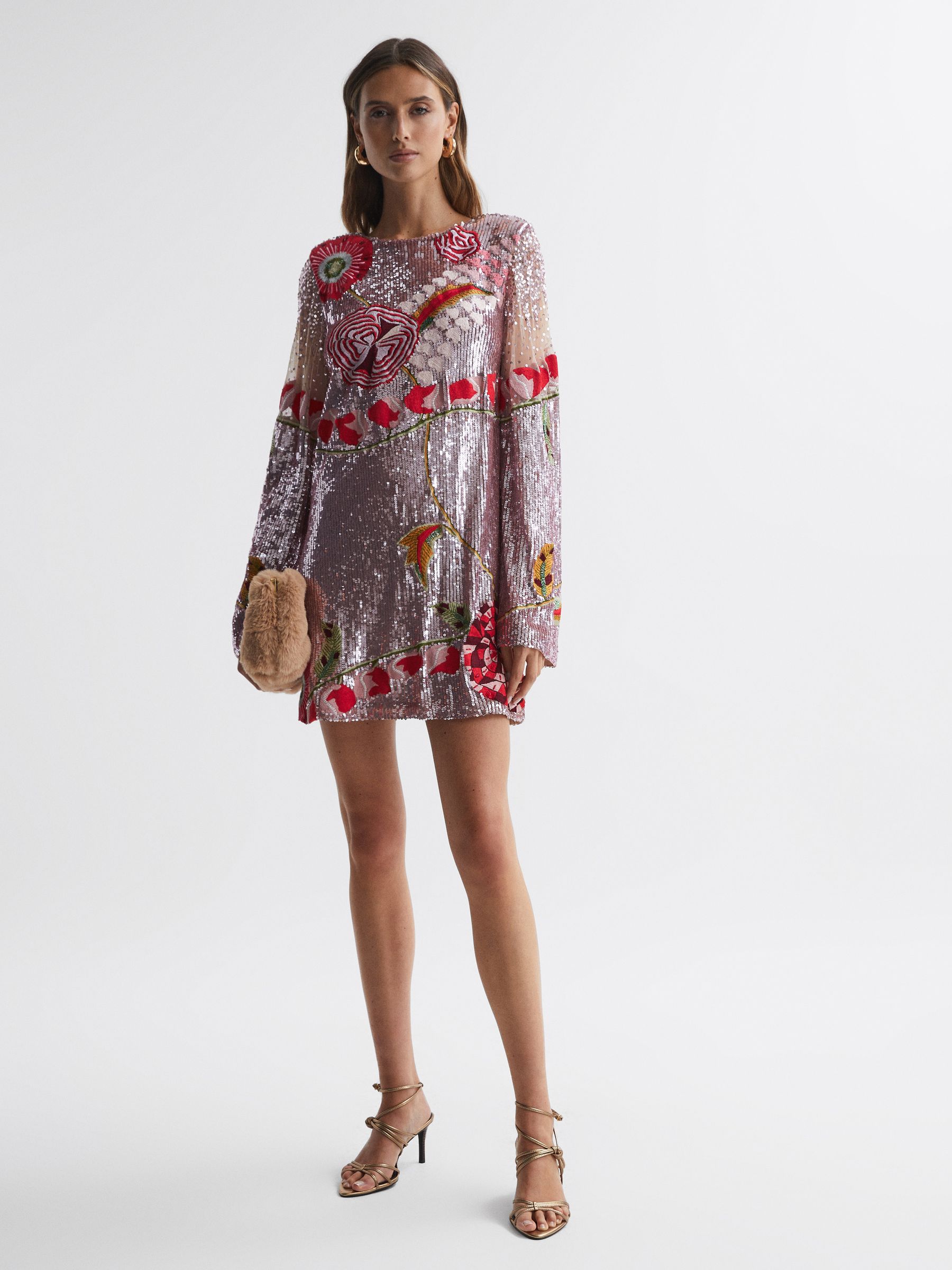 Reiss Rachel Gilbert Sequin Embroidered Mini Dress in Soft Pink | REISS