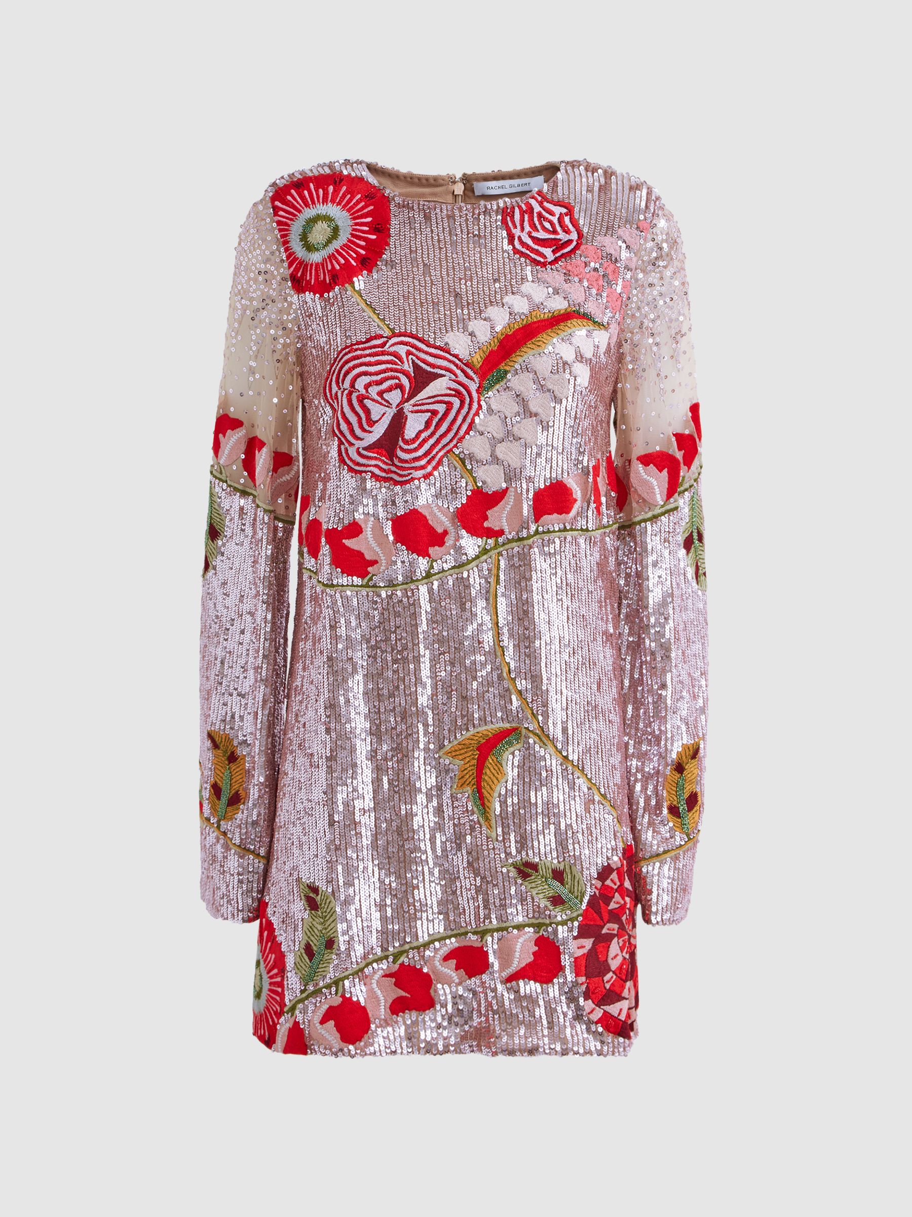 Reiss Rachel Gilbert Sequin Embroidered Mini Dress in Soft Pink | REISS