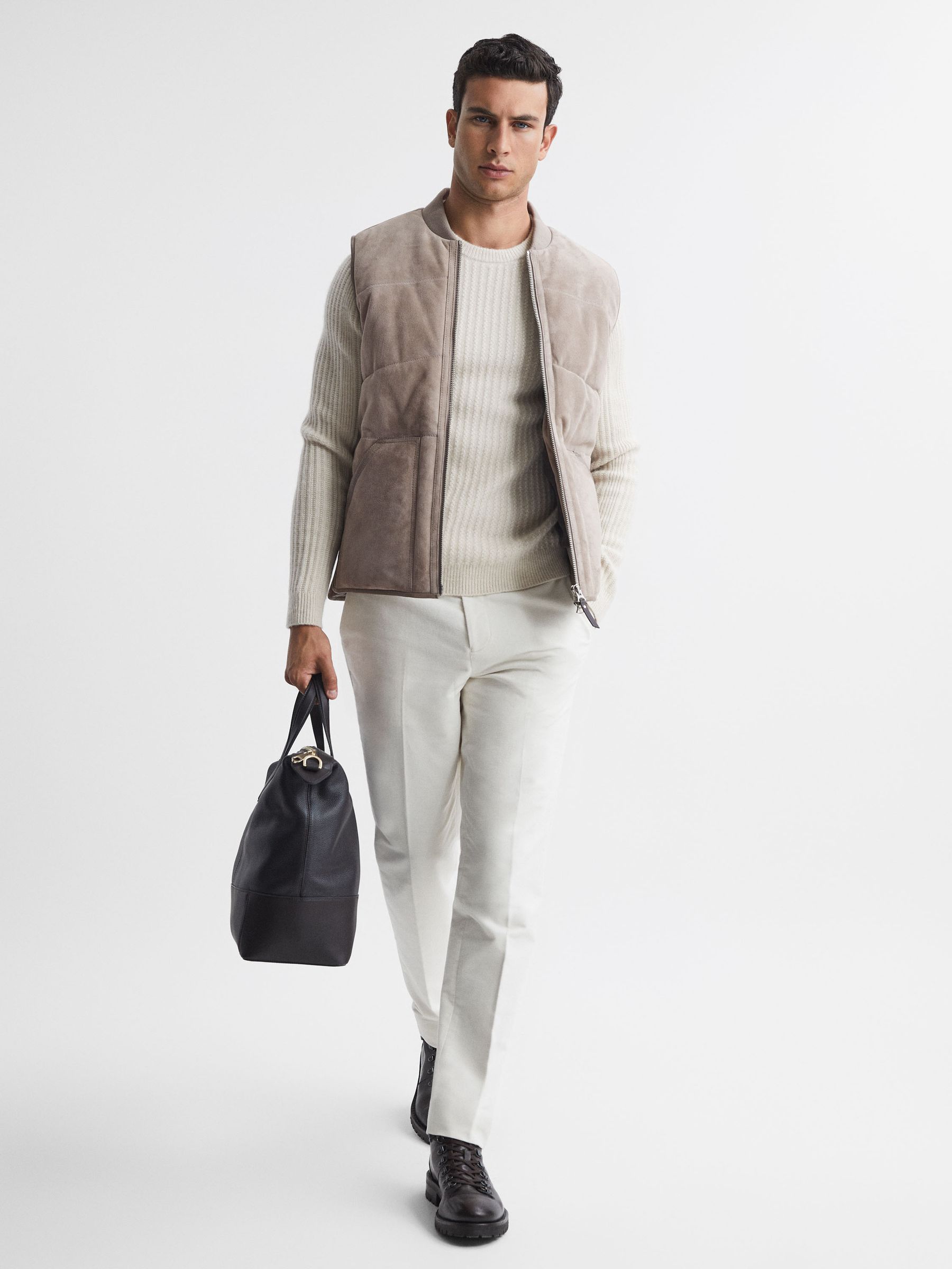 Reiss Suede Quilted Sleeveless Gilet in Taupe - REISS