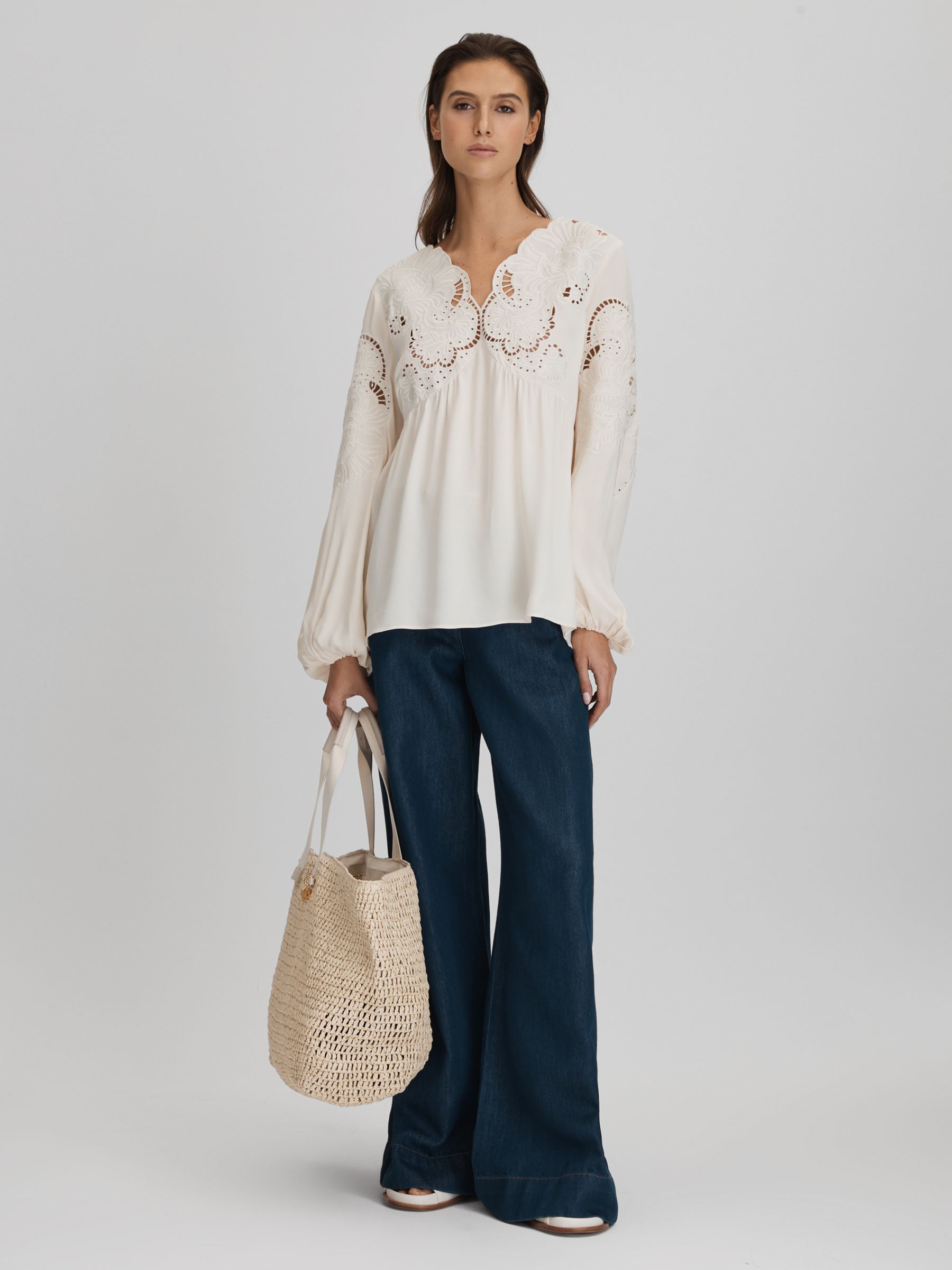 Reiss Lace Cut-Out Blouse in Cream | REISS