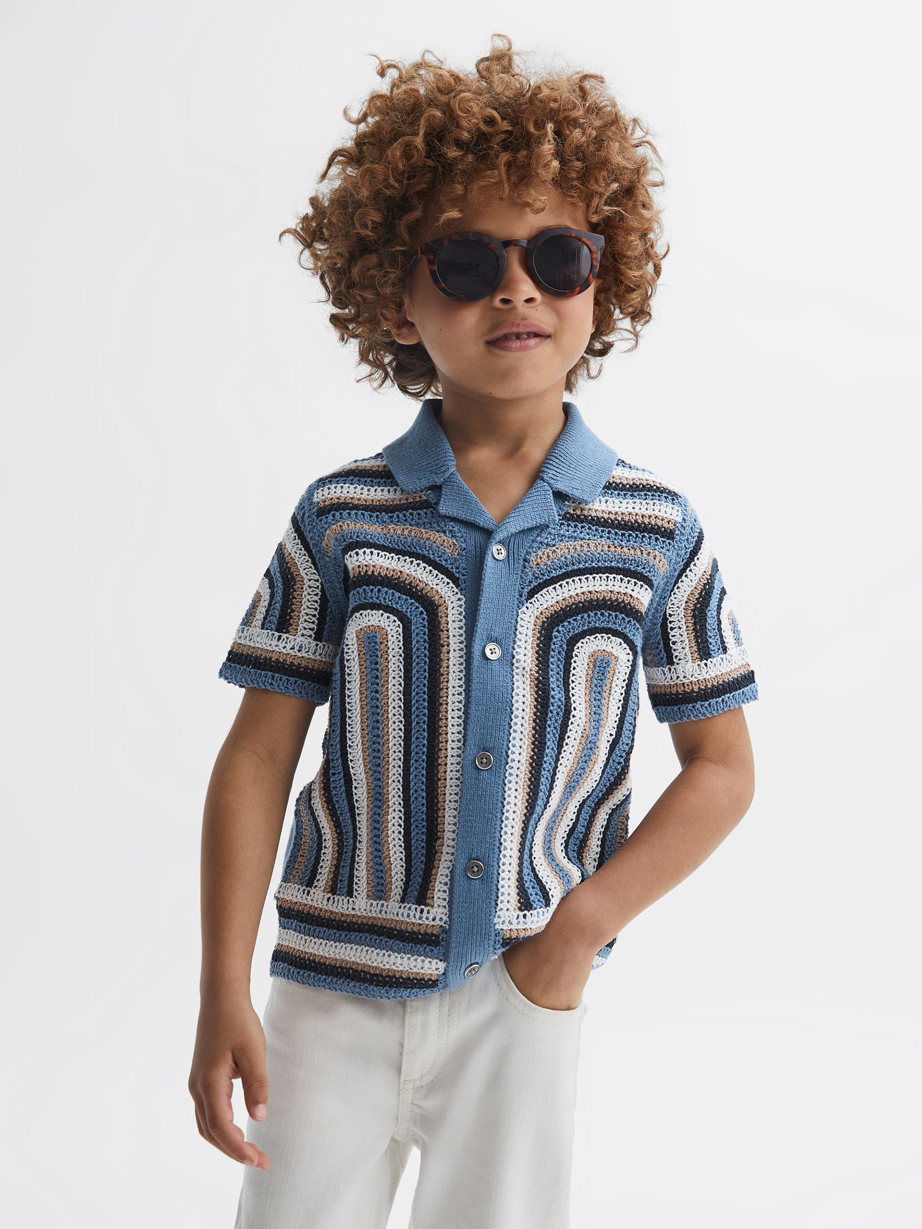 Reiss Senior Crochet Cuban Collar Shirt in Blue - REISS