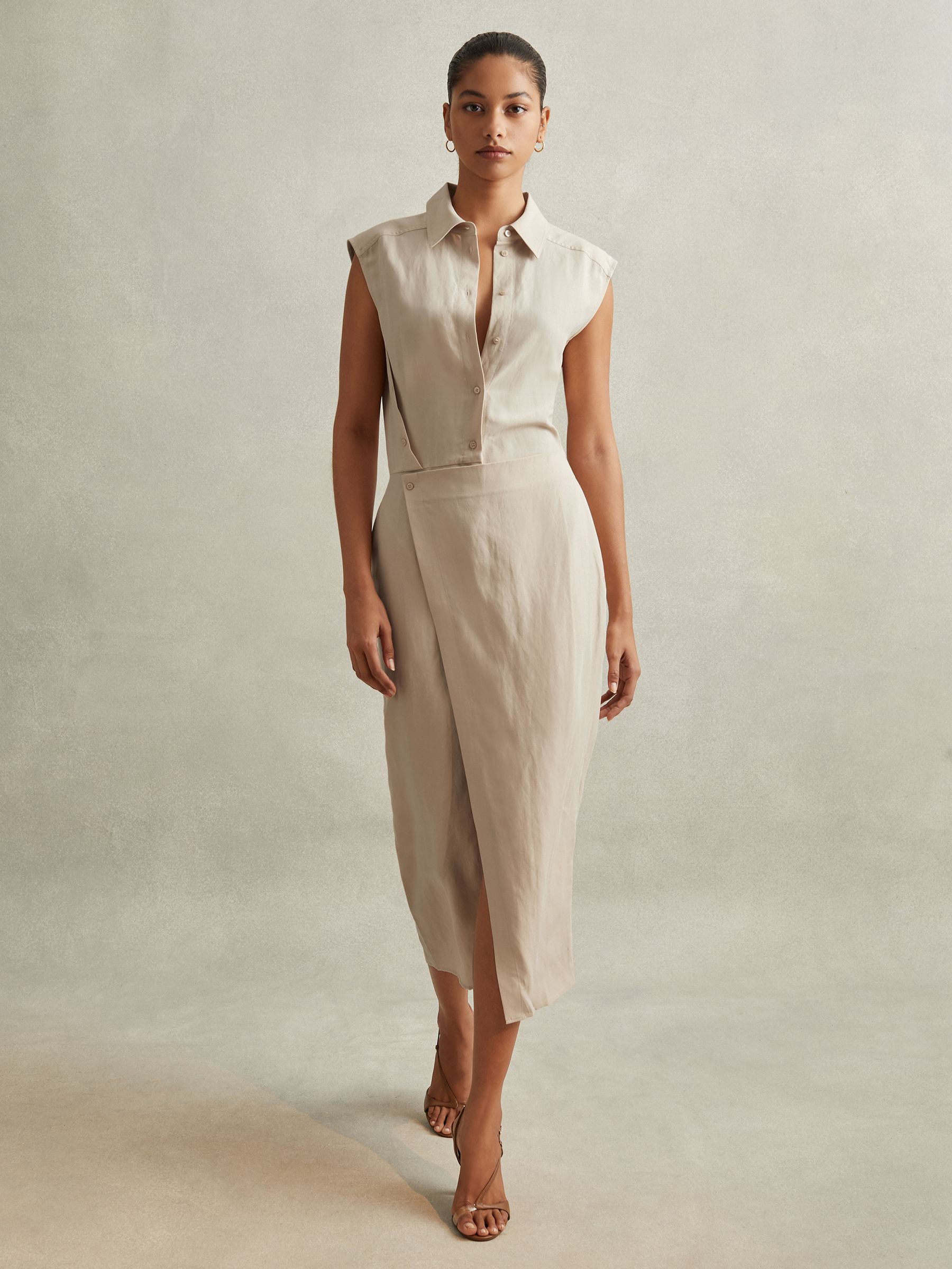 Reiss Lyocell Linen Wrap Front Midi Dress in Neutral - REISS
