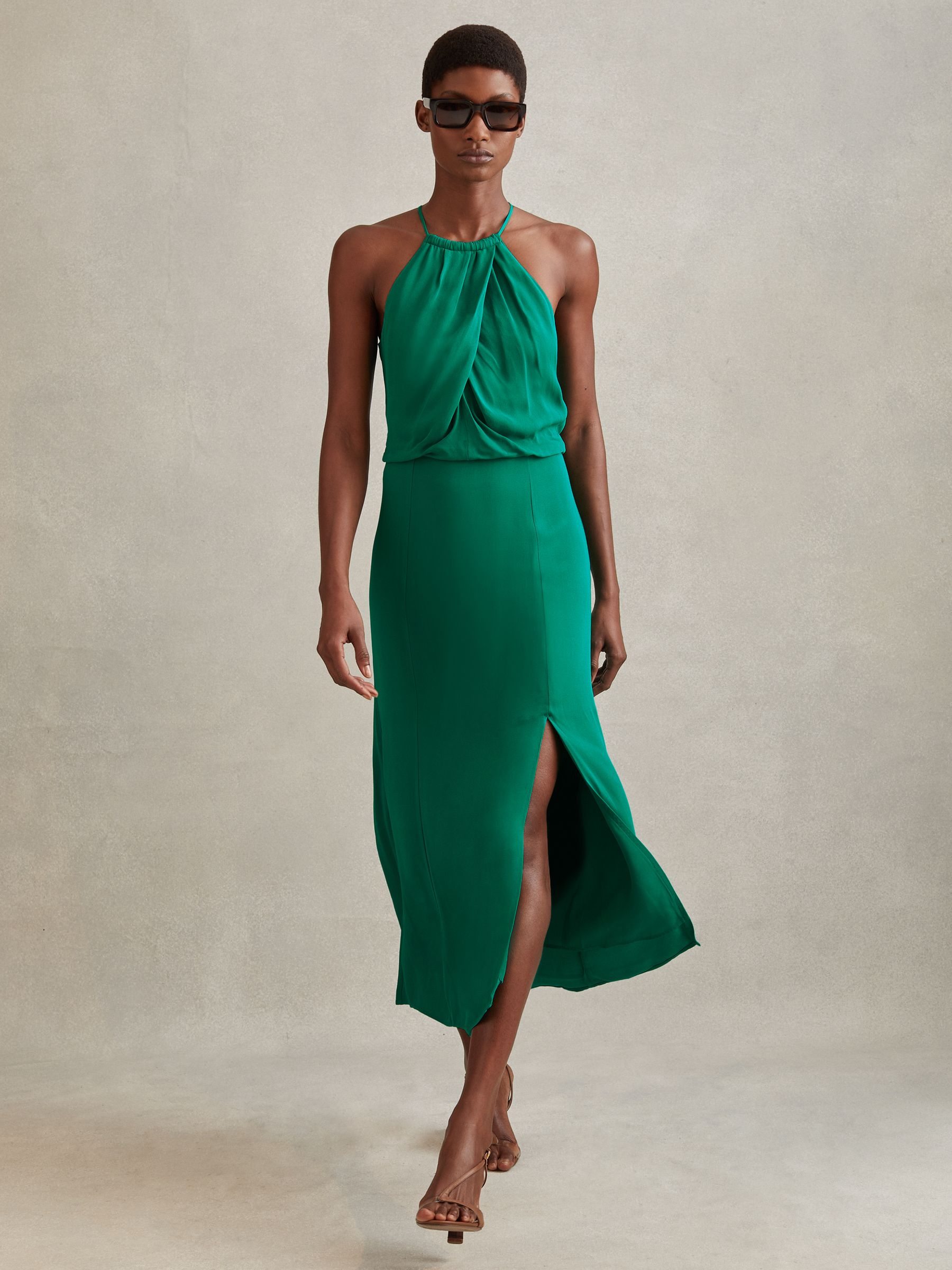 Reiss Drape Front Midi Dress in Green - REISS